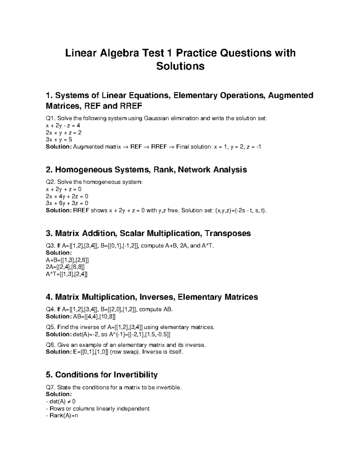 Linear Algebra Test 1 Practice Questions & Solutions - Studocu