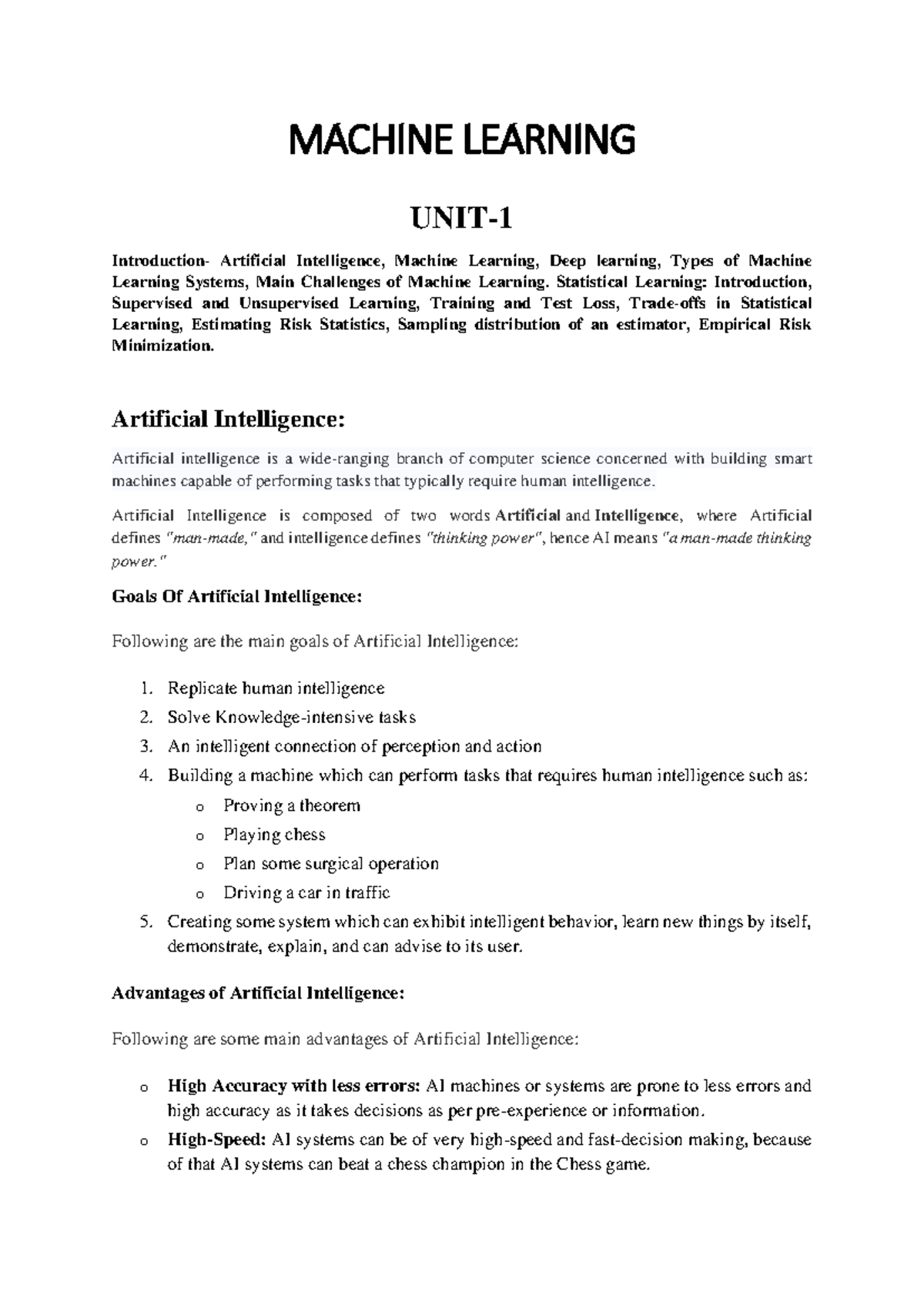 Machine Learning-1 - ML R20 - MACHINE LEARNING UNIT- 1 Introduction ...