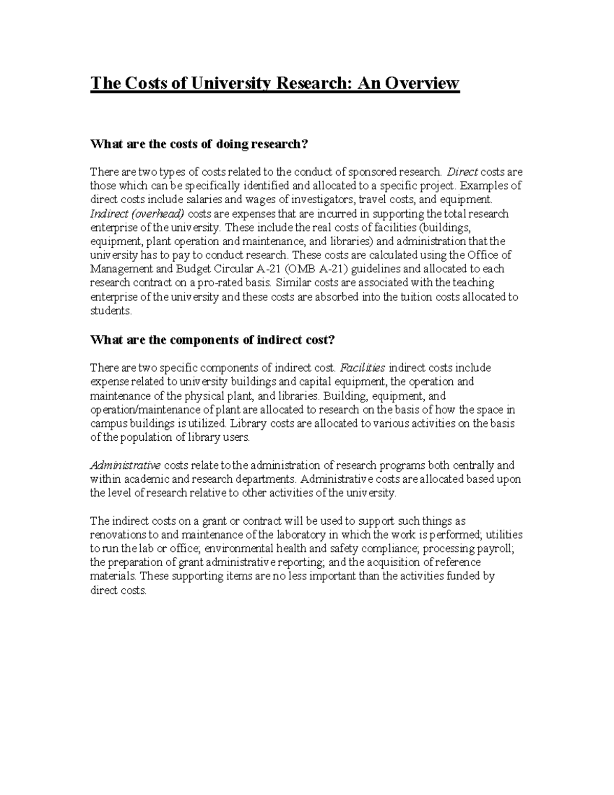 Costs of research overview - The Costs of University Research: An ...