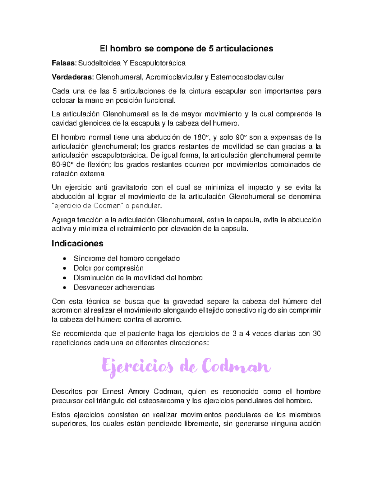 Ejercicios de Codman y Chandler para la Rehabilitación del Hombro - Studocu