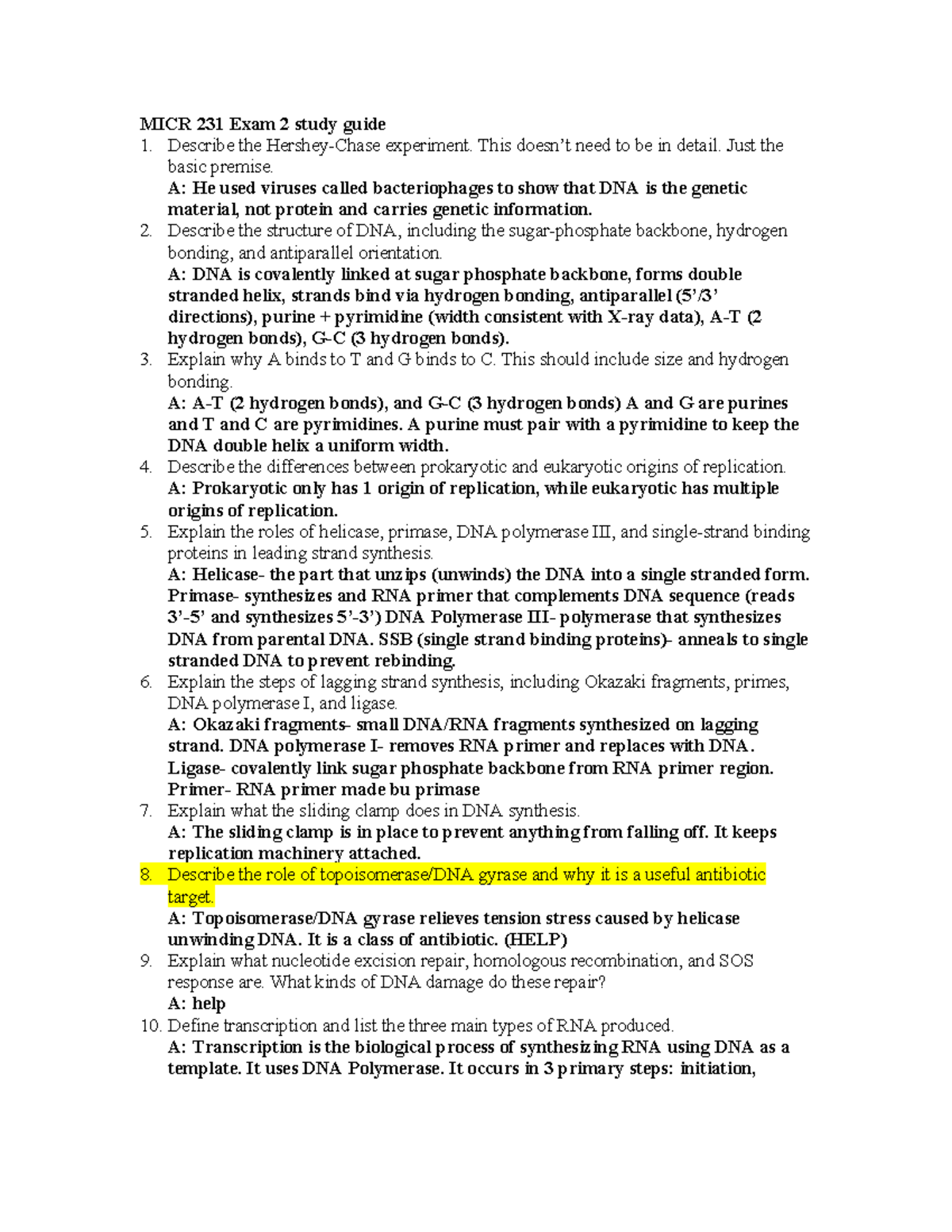 MICR 231 Exam 2 Study Guide: Cellular Metabolism & Gene Expression ...