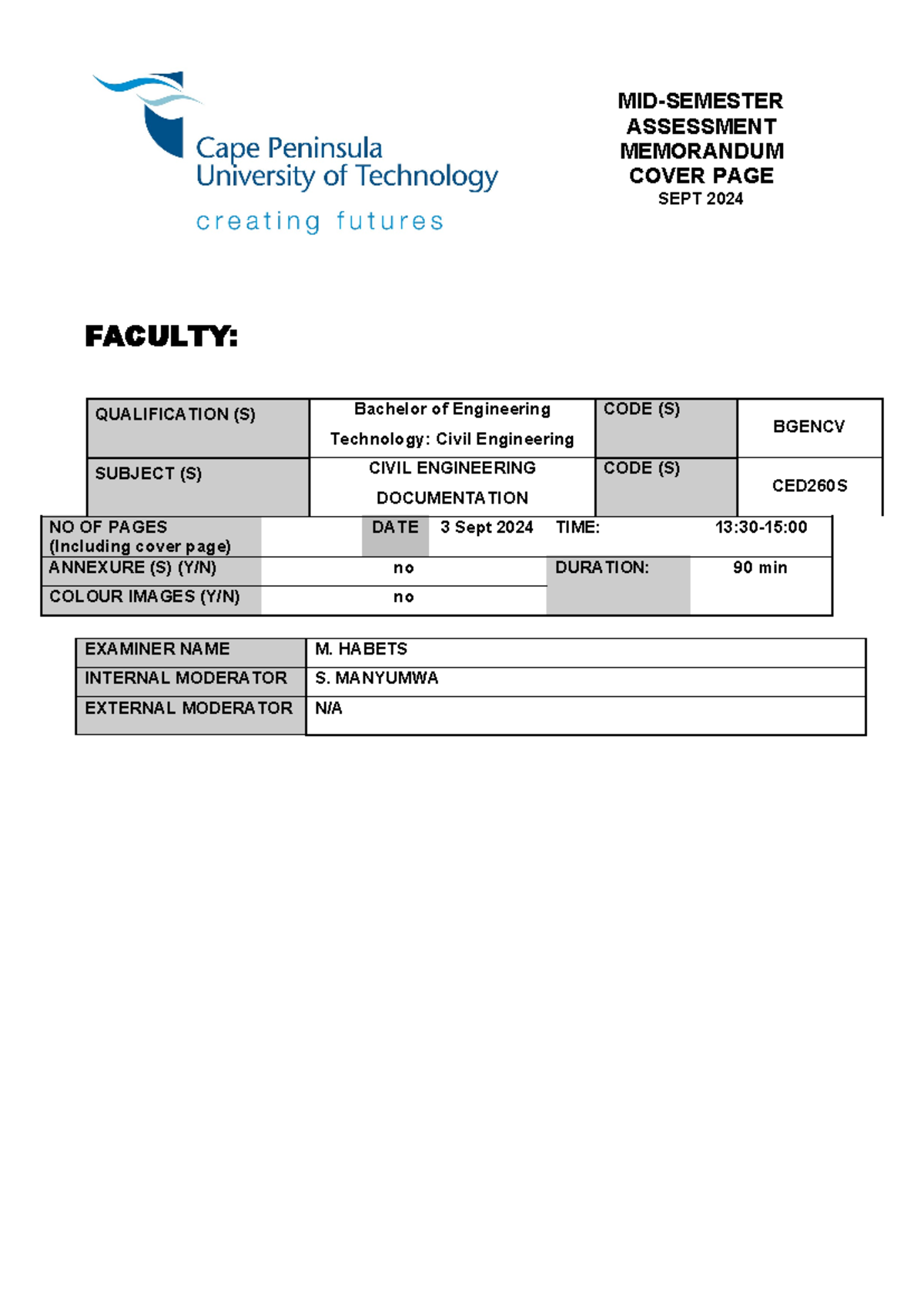 CED260S Assessment Memorandum for Civil Engineering - Sept 2024 - Studocu