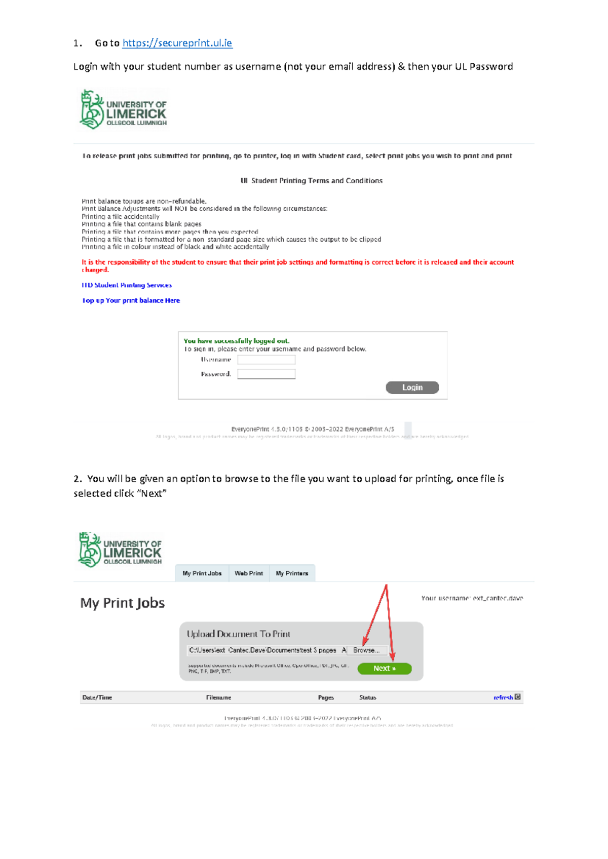 Student printing guide - other devices - Go to secureprint.ul Login ...