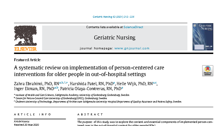 A SR on implementation of PCC interventions for older people in out of ...