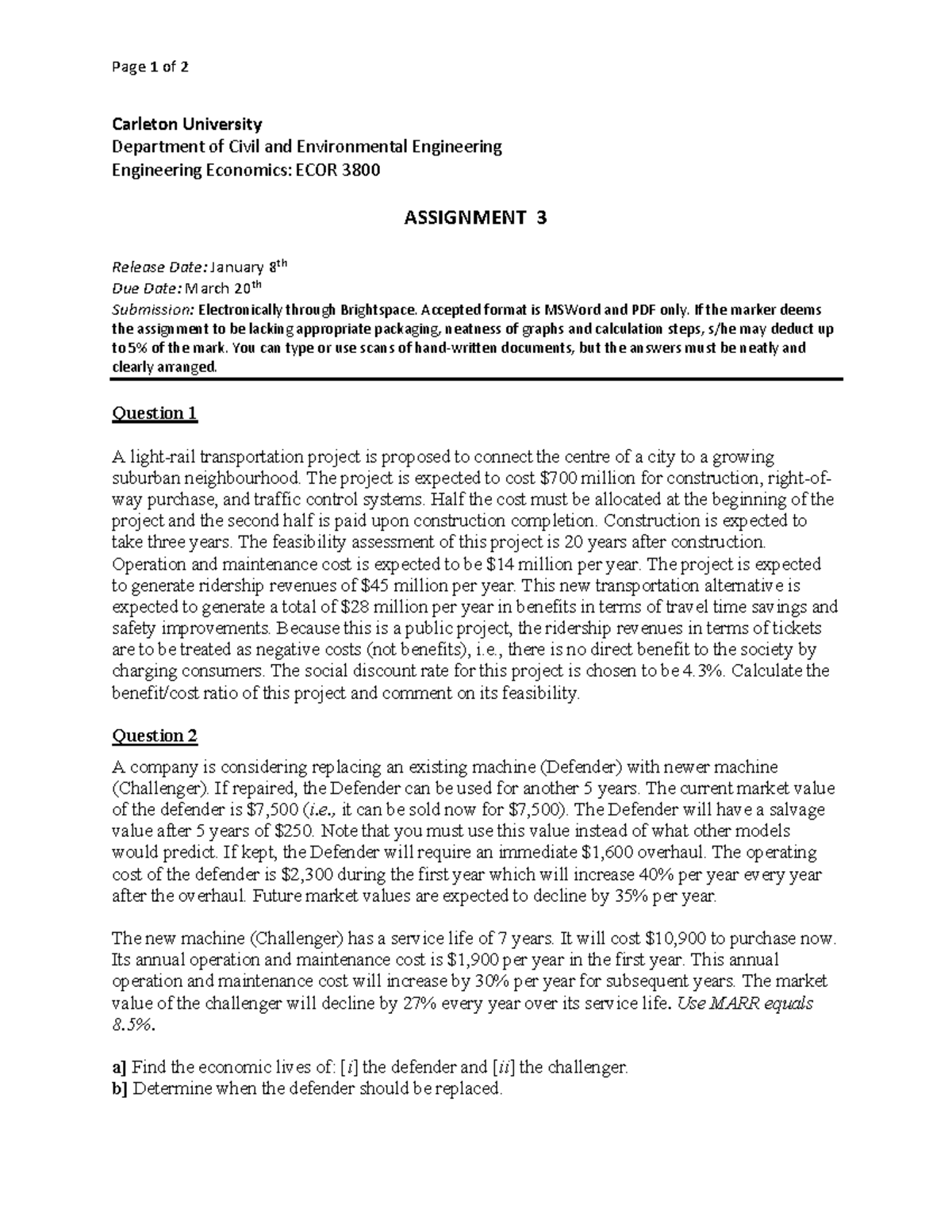 Engineering Economics Assignment 3: ECOR 3800 Analysis and Feasibility ...