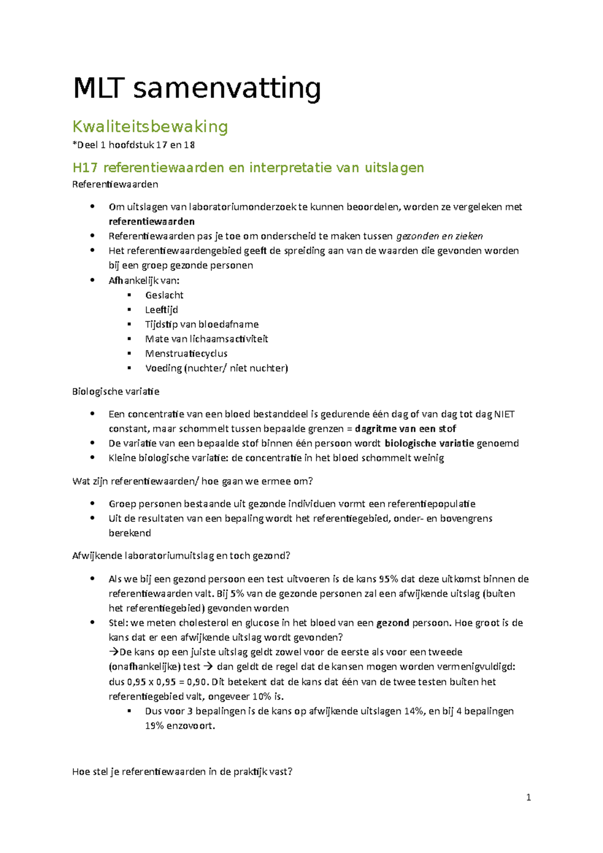 MLT Samenvatting: Kwaliteitsbewaking en Referentiewaarden in Labtests ...