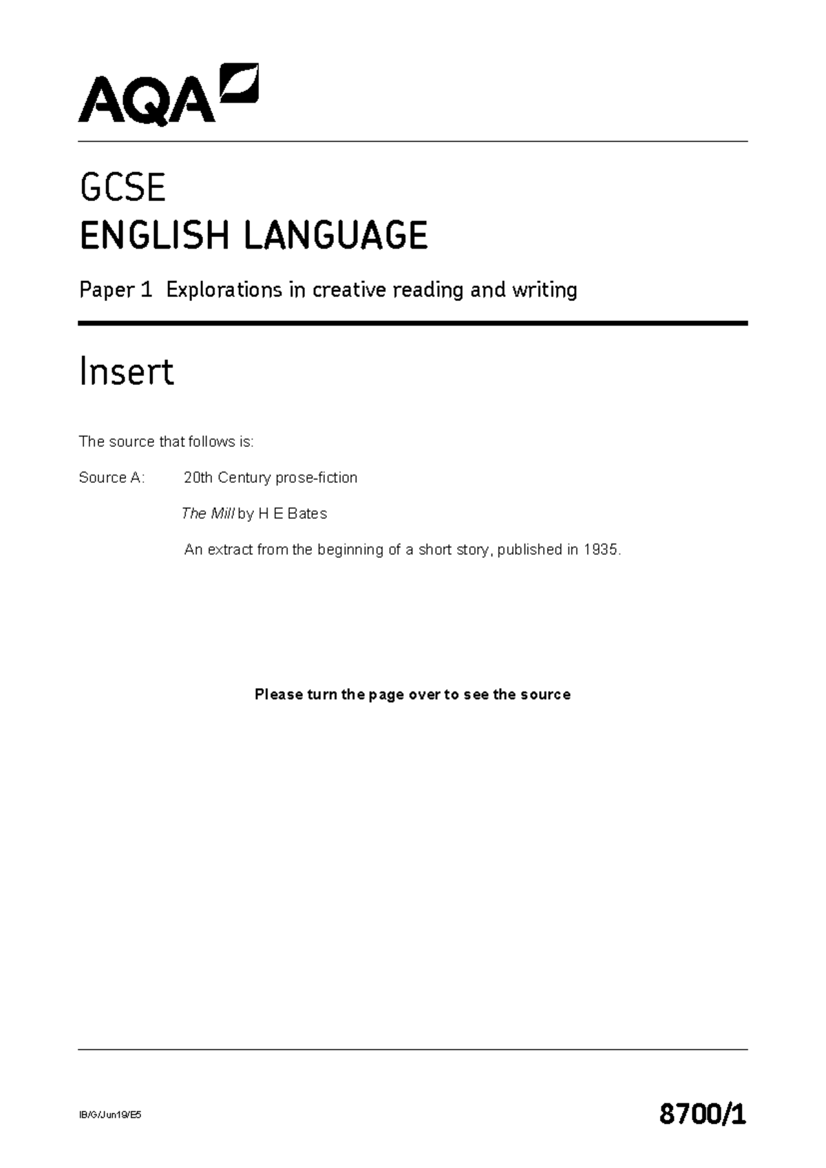 AQA 8700/1 INS CR JUN19 - GCSE English Language Paper 1 Extract - Studocu
