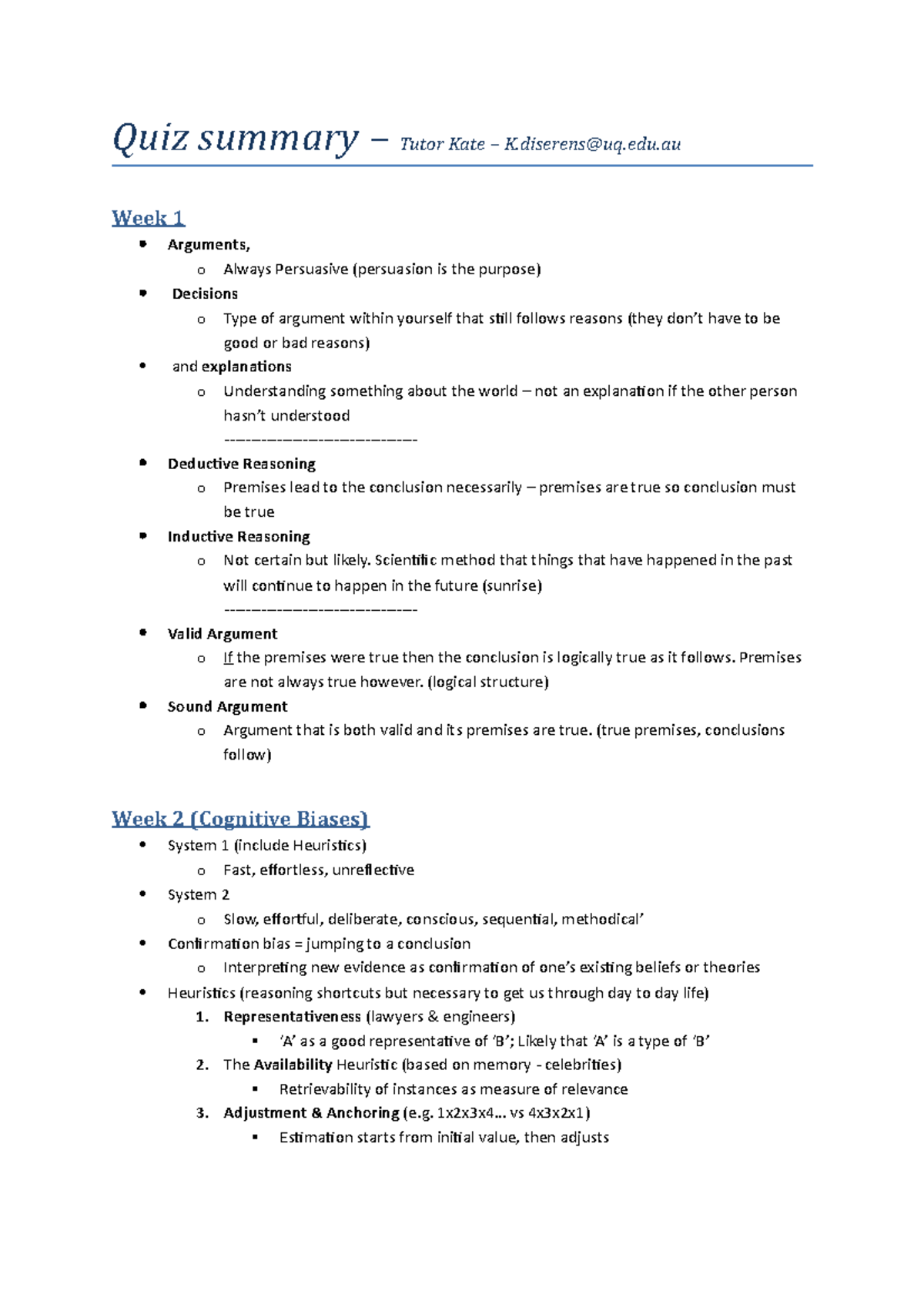 Quiz study summary - Quiz summary – Tutor Kate – K@uq.edu Week 1 ...