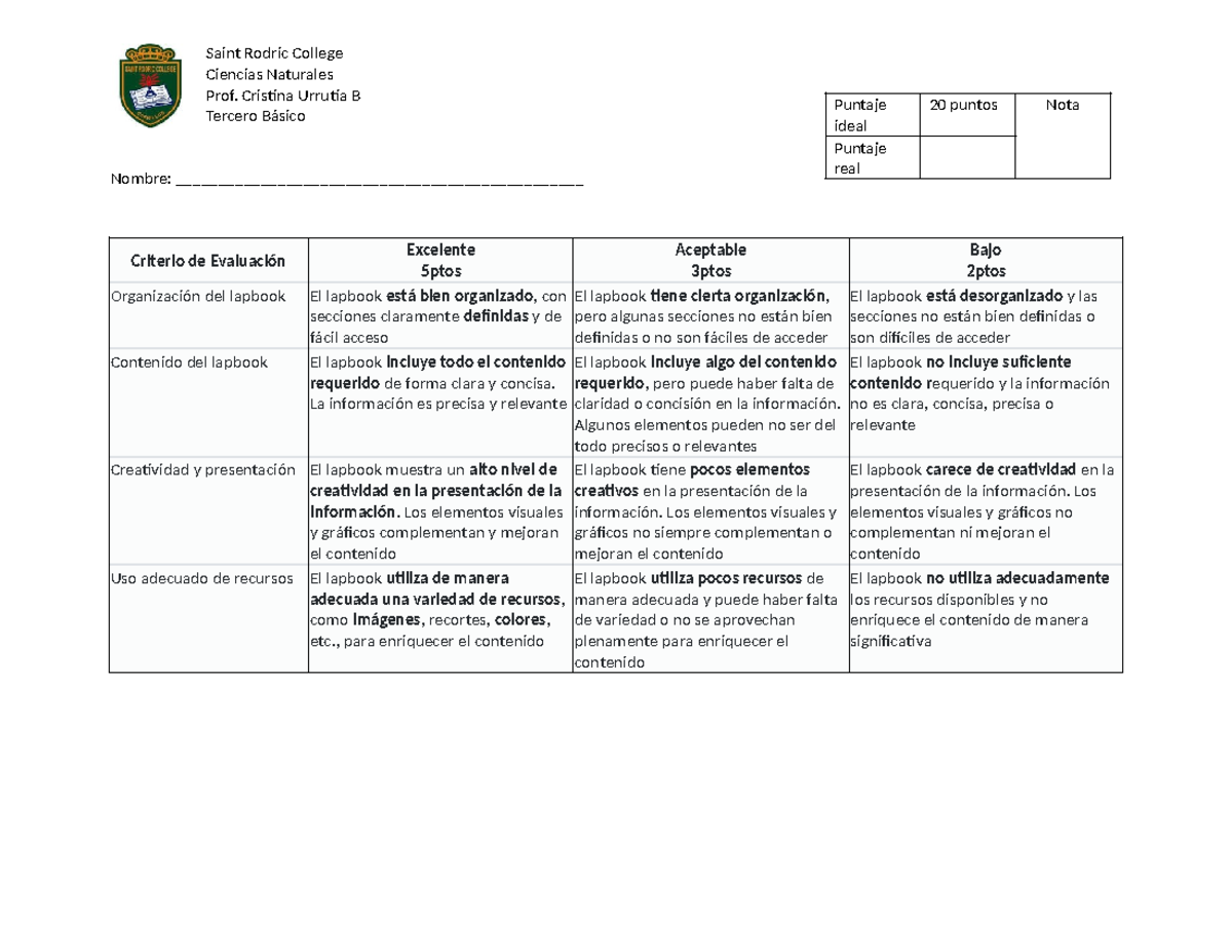 Rubrica de Evaluación para Lapbook - Ciencias Naturales B Tercero ...