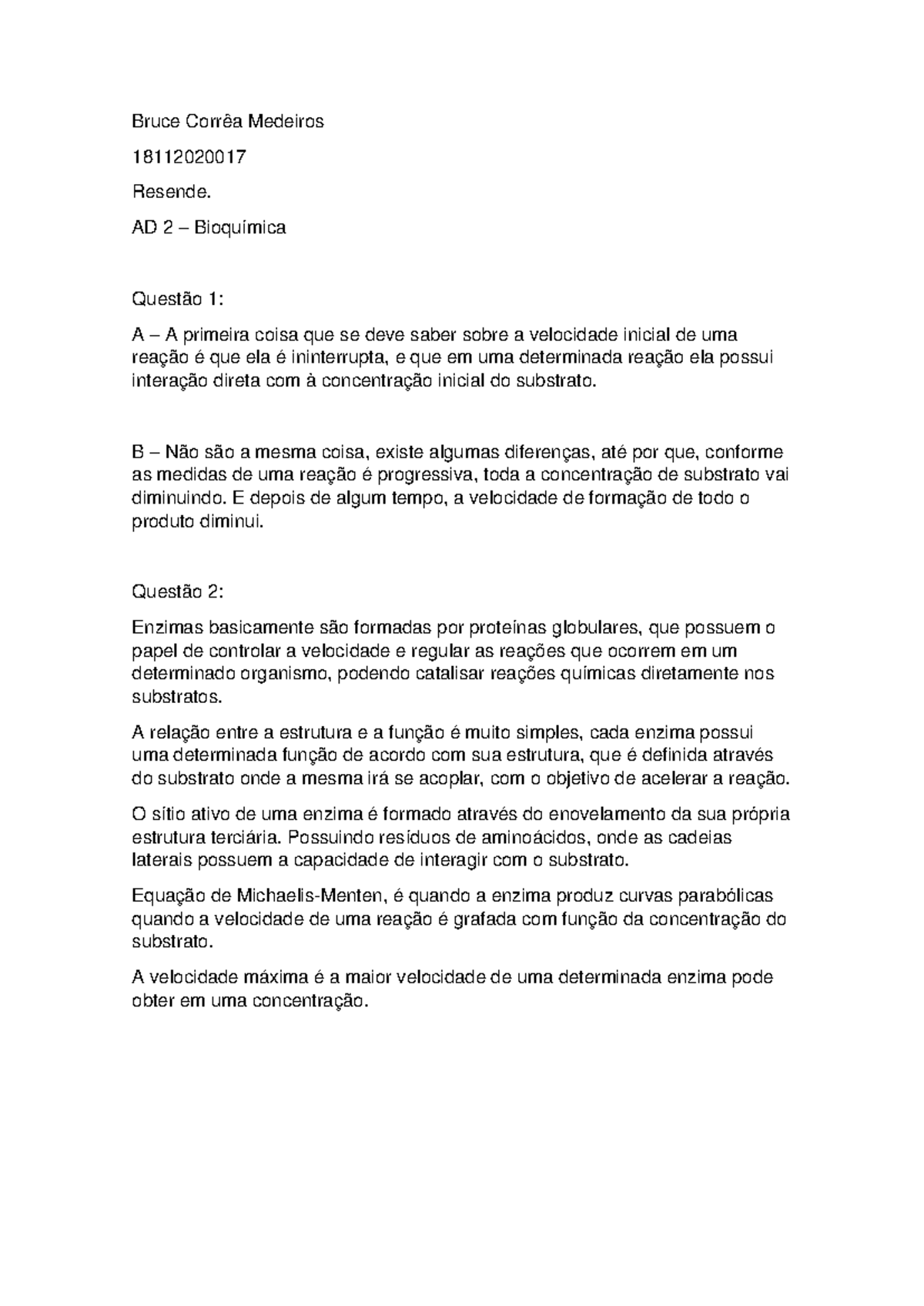 AD 2 BIOQ Bruce - Trabalho - Bruce Corrêa Medeiros 18112020017 Resende ...