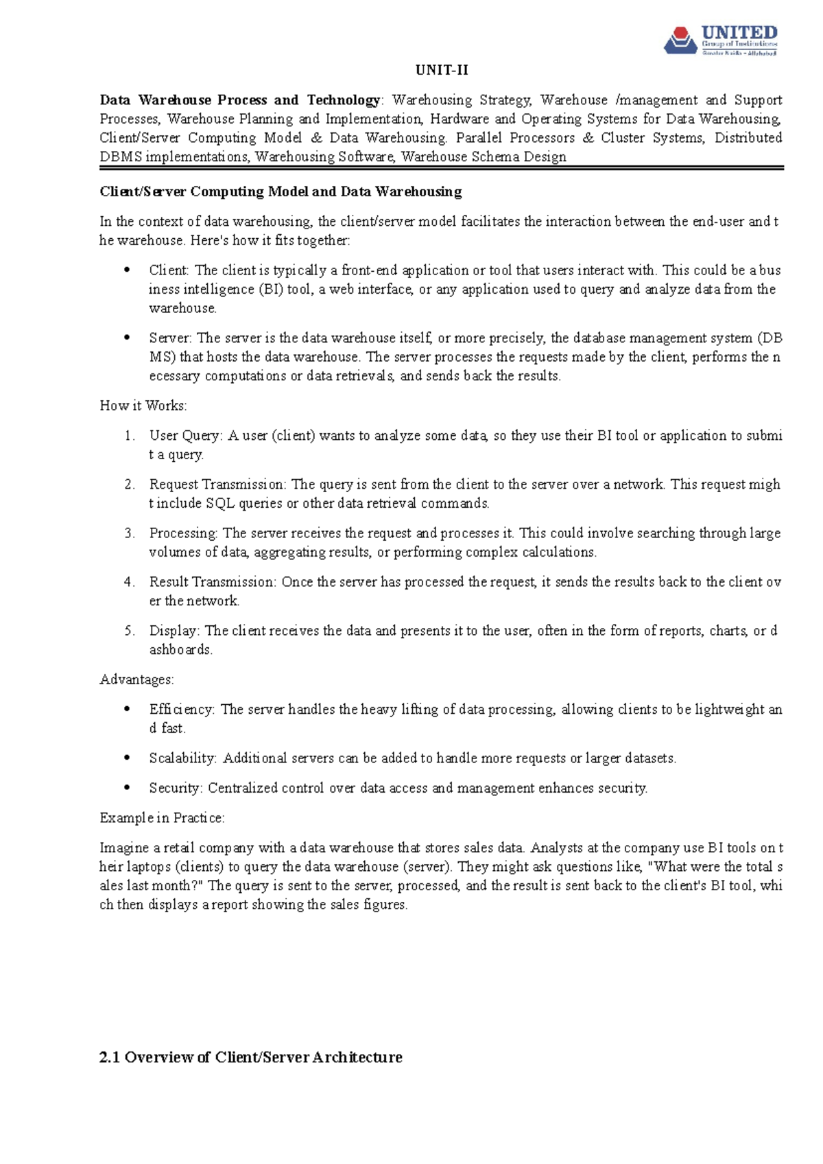 Client-Server Computing Model & Data Warehousing Overview (Unit II ...