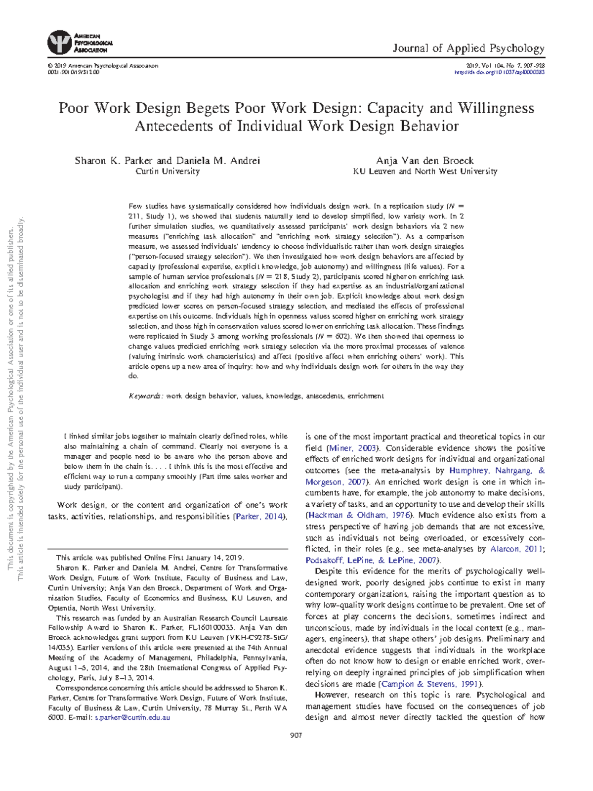 "PSY 2019: Poor Work Design and Its Antecedents in Job Behavior" - Studocu