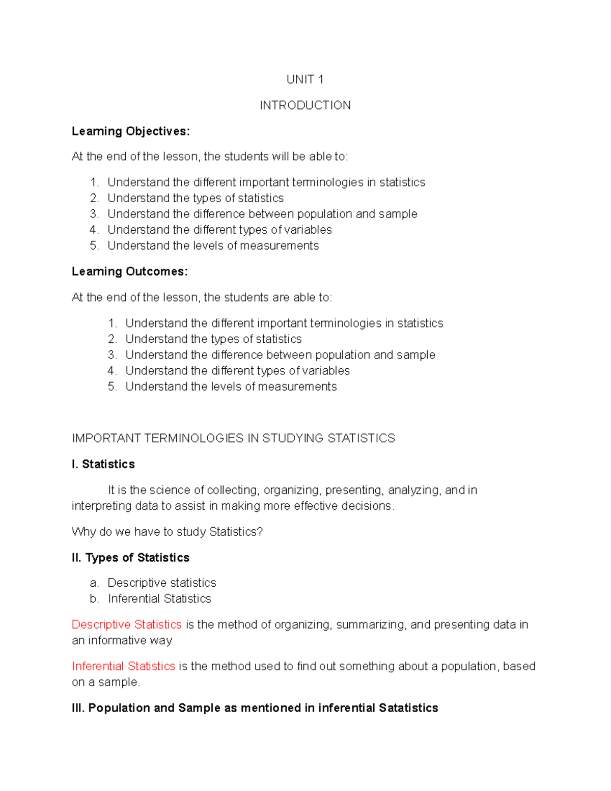 Statistics Lesson 1: Key Terminologies and Concepts Explained - Studocu