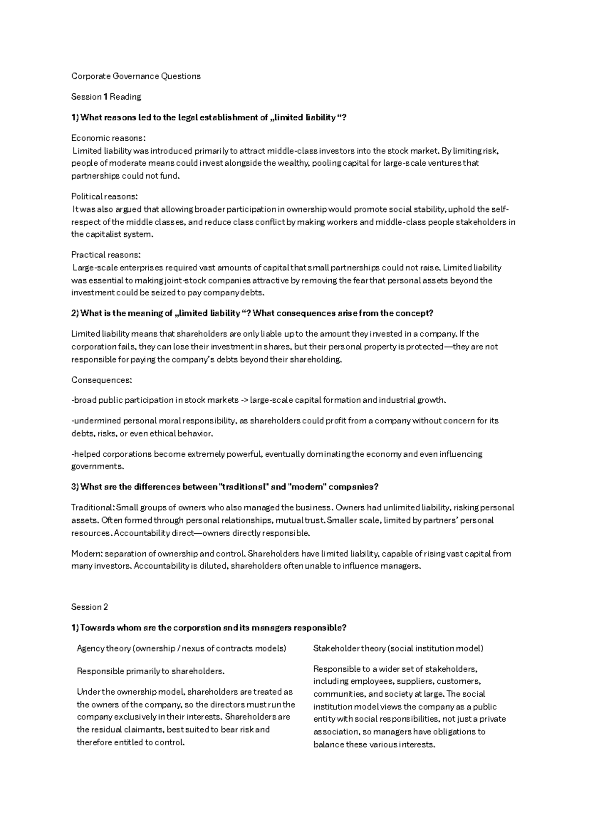 Corporate Governance Reading Questions: Key Concepts and Theories - Studocu