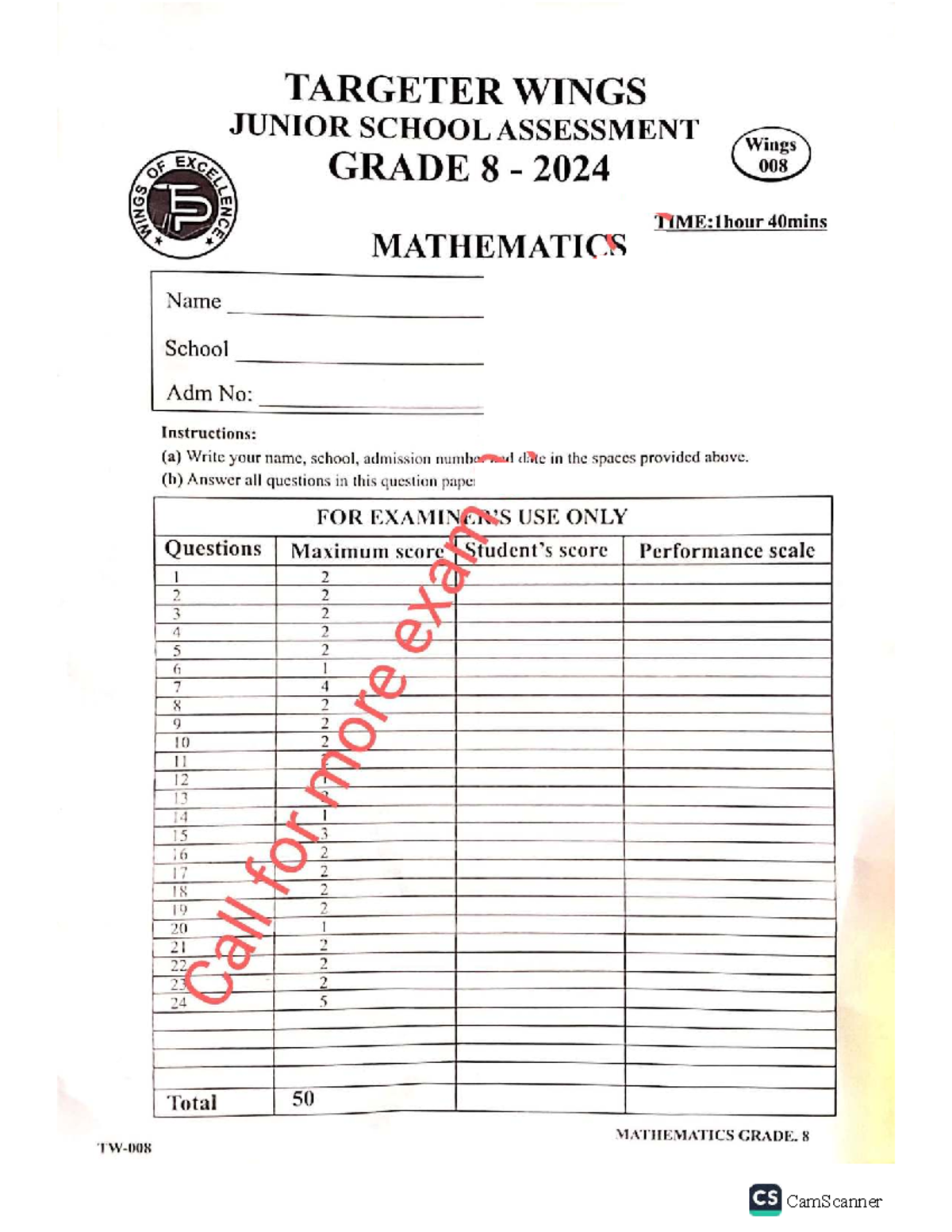 Grade 8 Mathematics Assessment 008 - 2024 Exam Paper - Studocu