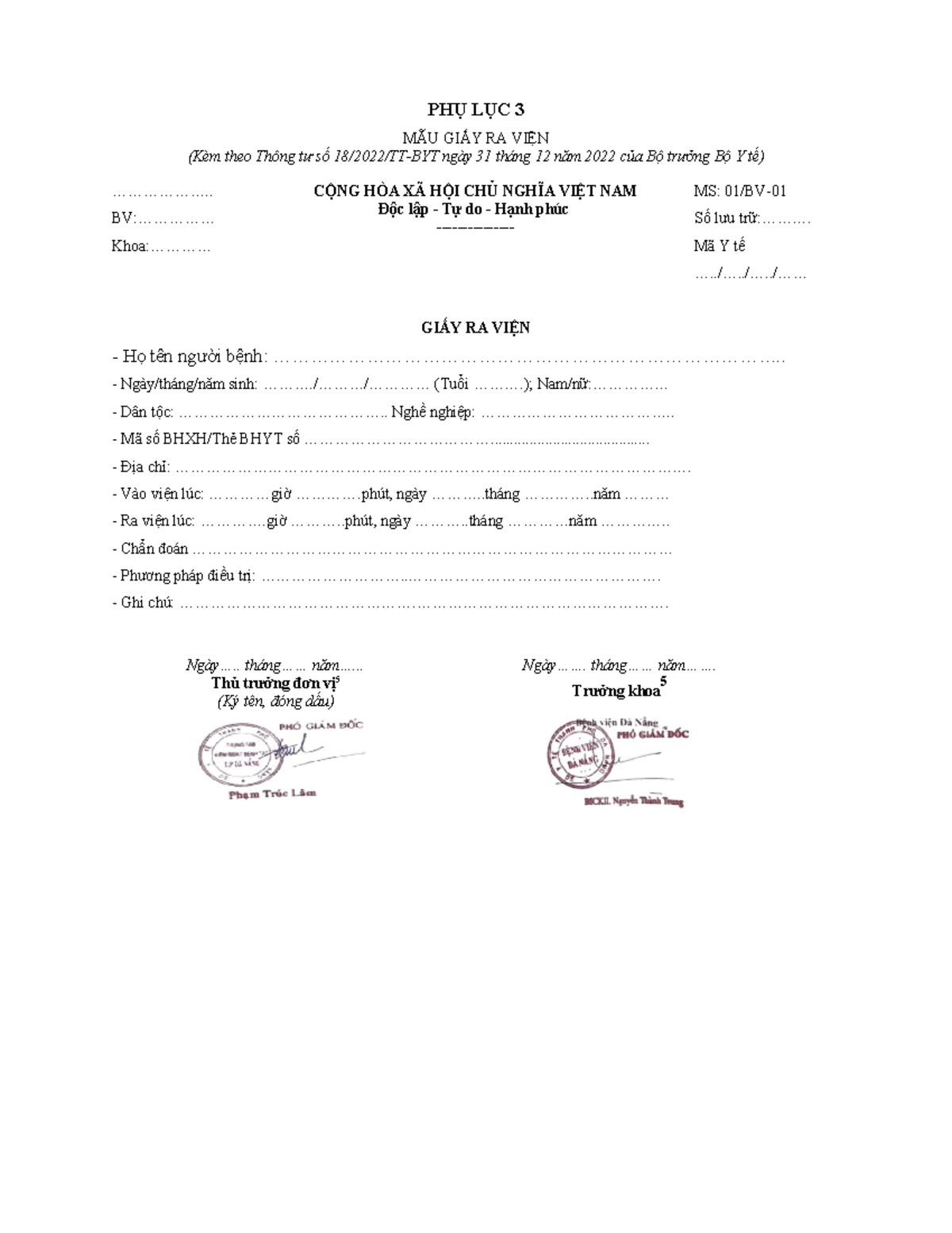 Pl mau giay ra vien - ấdasda - PHỤ LỤC 3 MẪU GIẤY RA VIỆN (Kèm theo ...