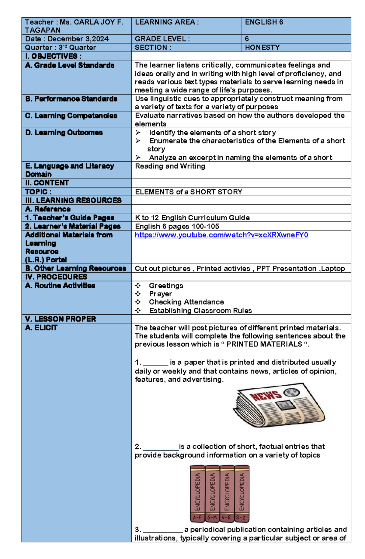 7Es Elements of a Story - English 6 Lesson Plan for 3rd Quarter - Studocu