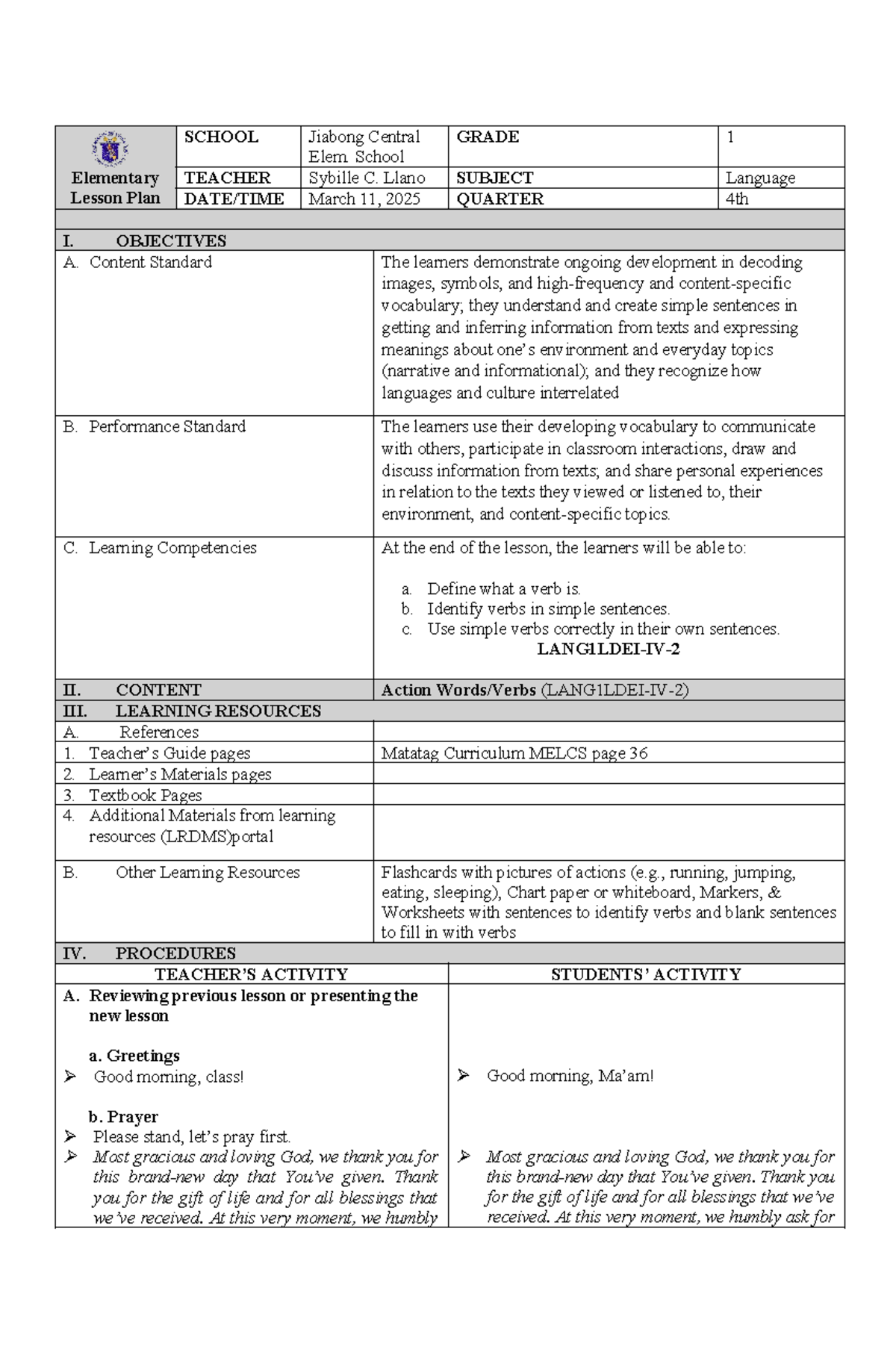 Demo 2 Language March 11 Grade 1 Verbs - Elementary Lesson Plan SCHOOL Jiabong Central Elem ...