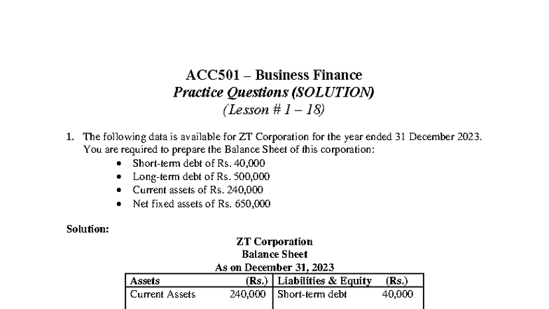 ACC501 Business Finance Practice Questions Solutions (Lesson 1-18 ...