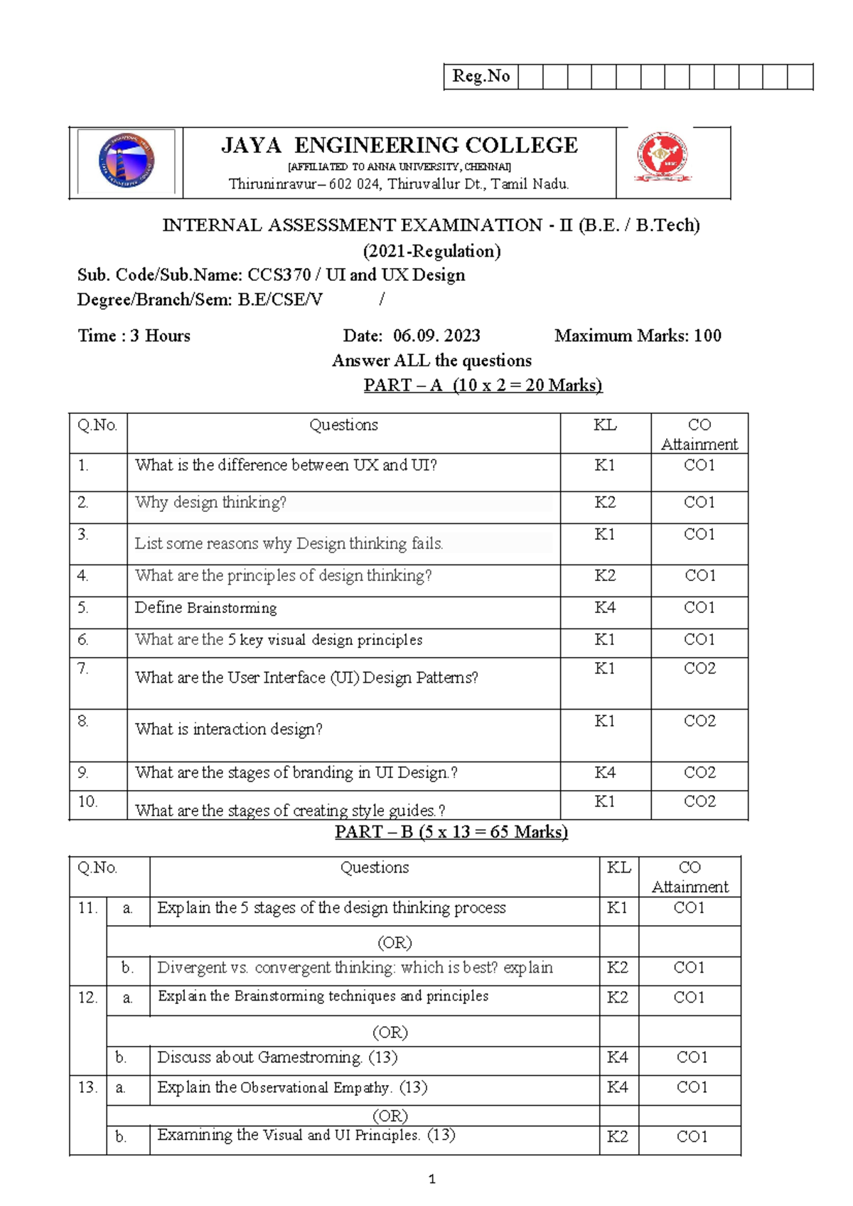 UI&UX Design CCS370 Internal Assessment Exam II Questions Set 1 - Studocu