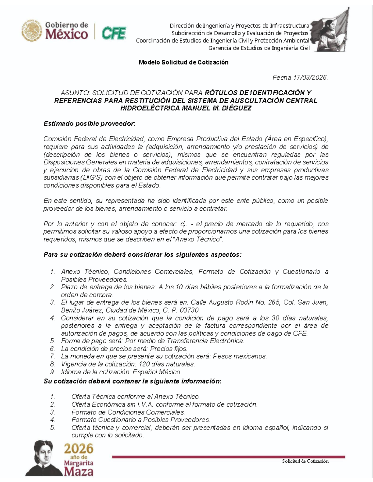 Modelo de Solicitud de Cotización para Rótulos - Fab. Esp Sta Rosa ...
