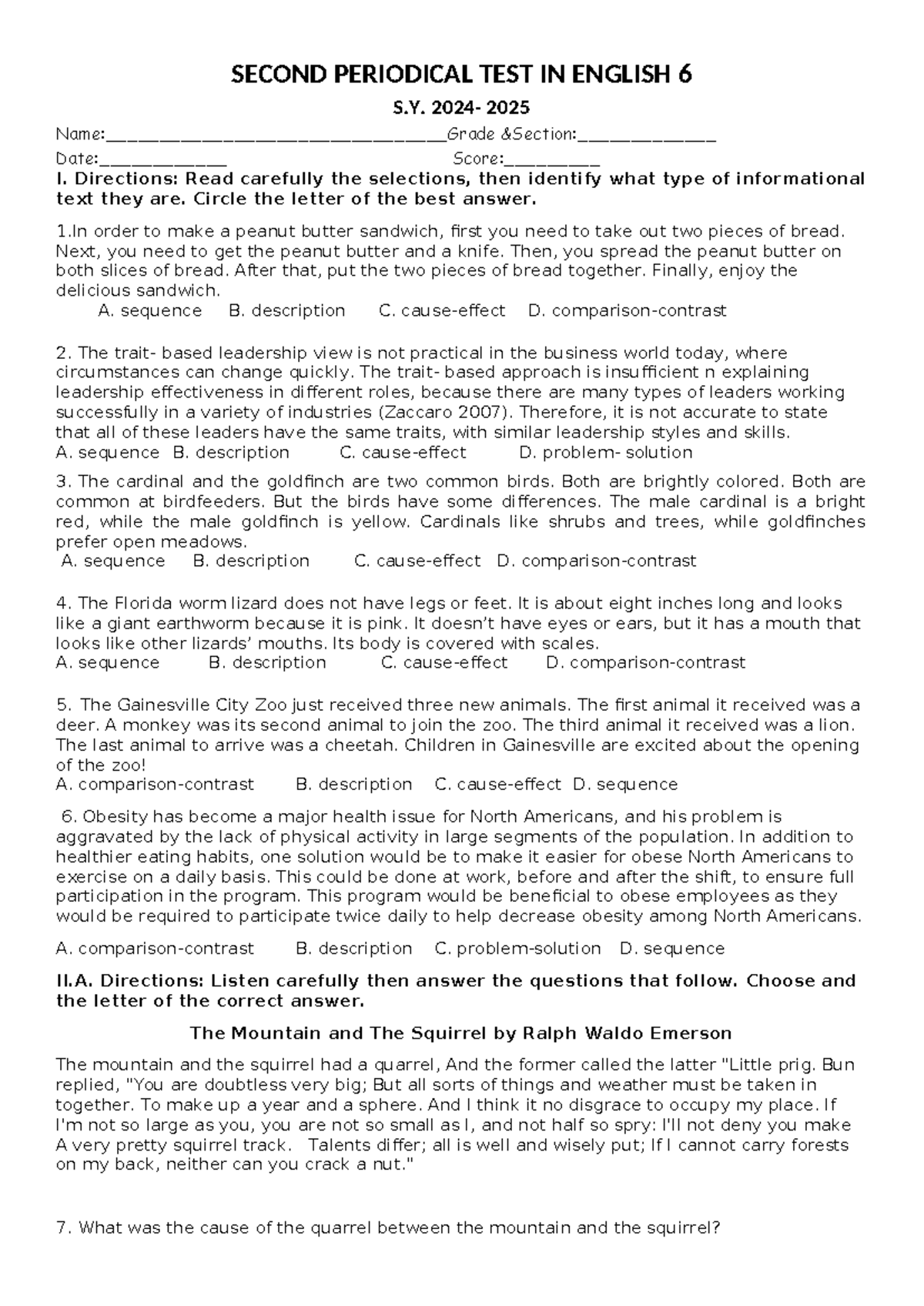 Second Periodical TEST IN English 6 - SECOND PERIODICAL TEST IN ENGLISH ...
