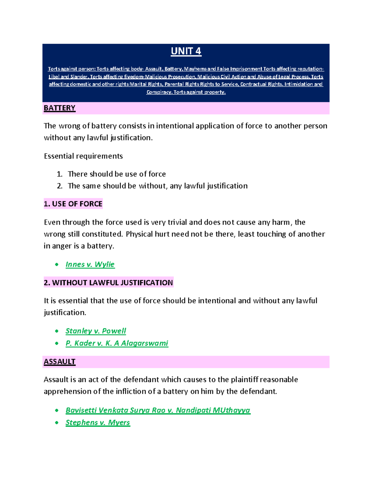 UNIT 4 Torts-1: Comprehensive Summary of Tort Law Principles - Studocu