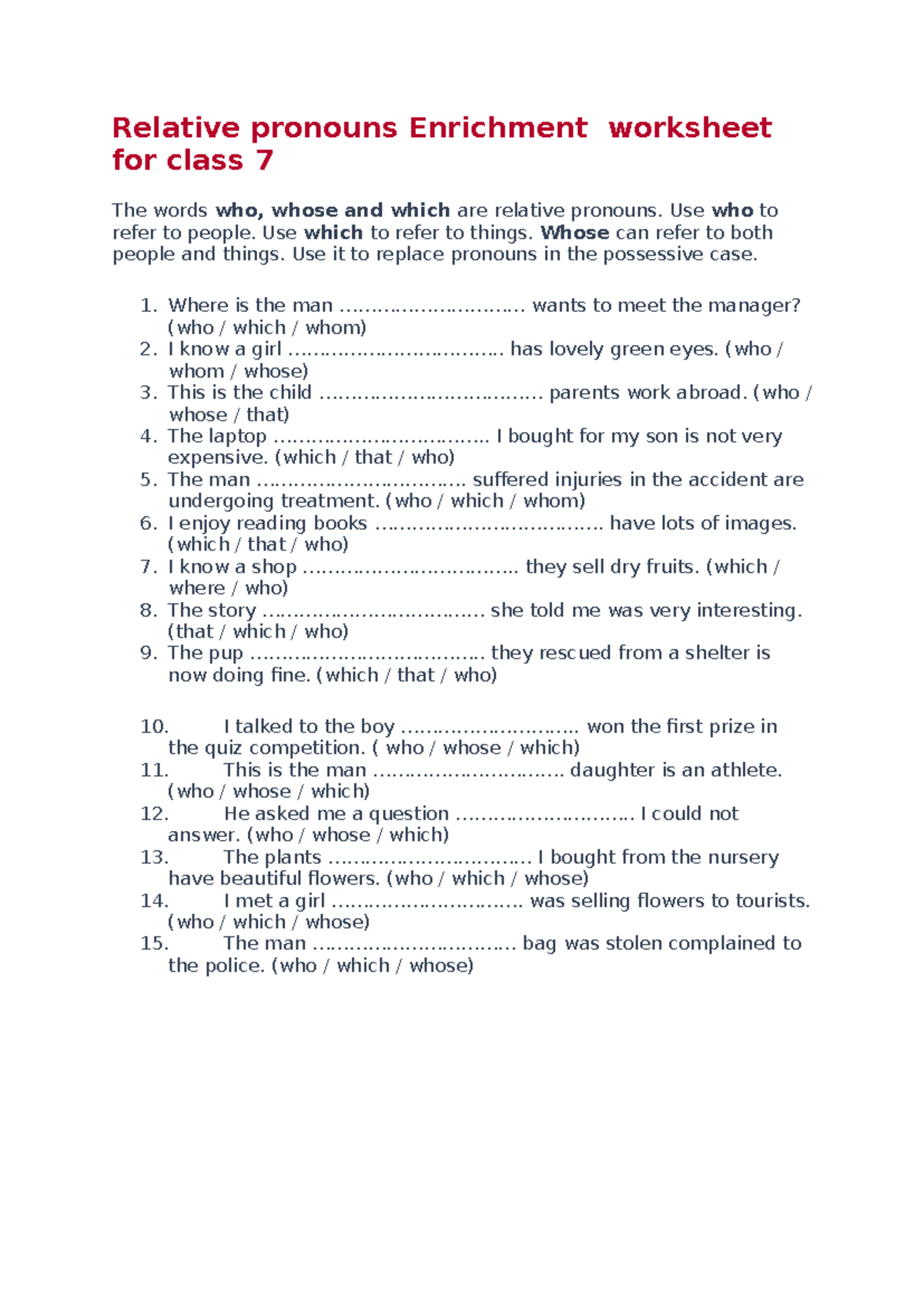 Relative Pronouns Enrichment Worksheet for Class 7 - Studocu
