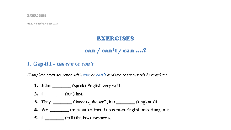 Exercises on "Can" - Complete Sentences & Questions - Studocu