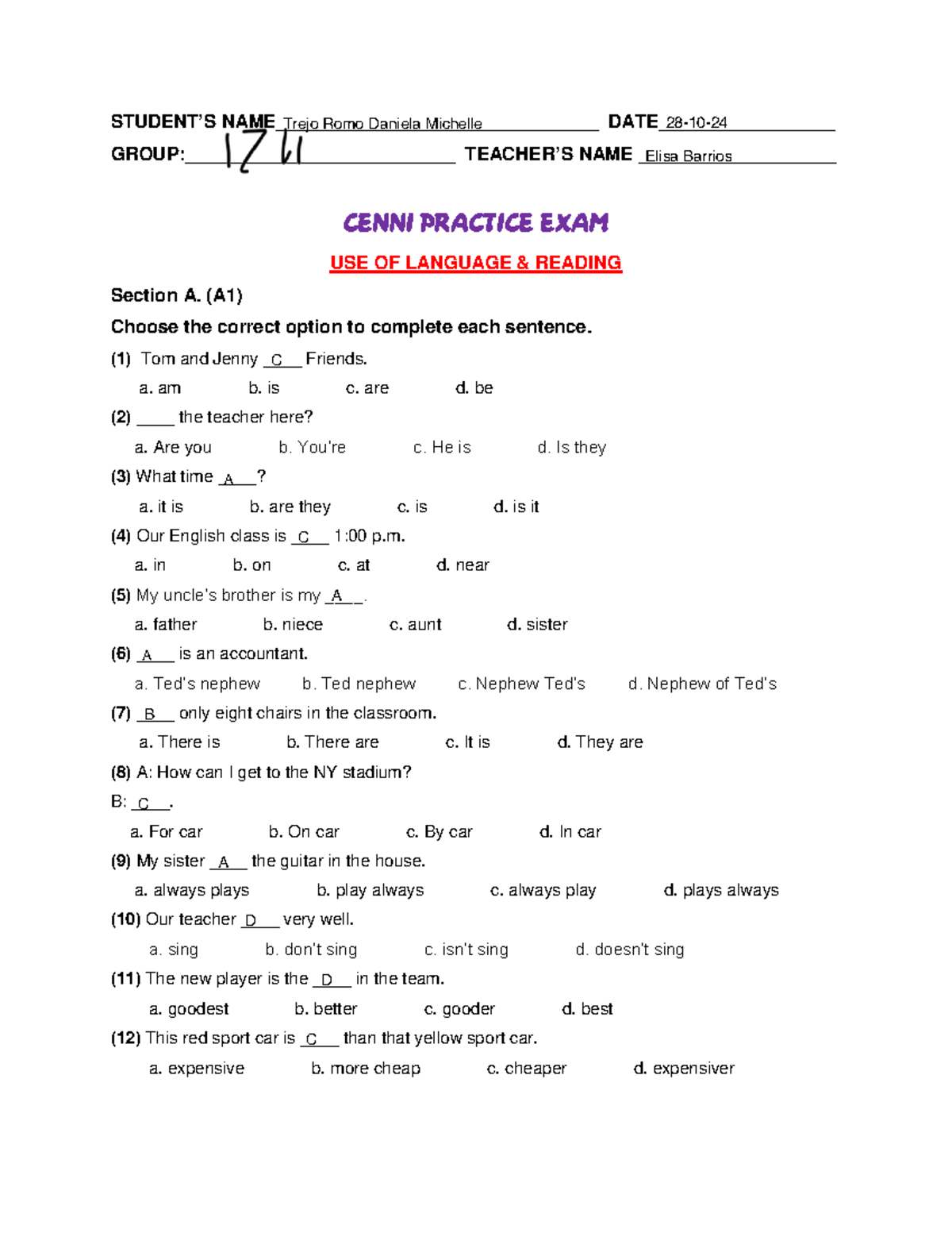CENNI- A1 Practice Exam for Language & Reading Skills - Studocu