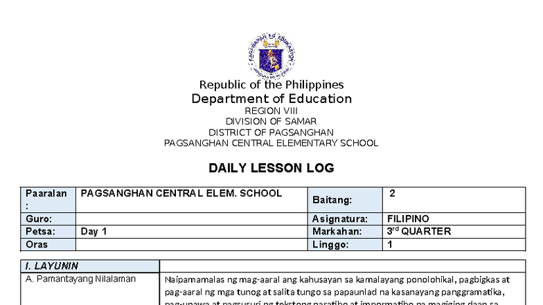 Daily Lesson Log for Grade 2: Filipino & GMRC Q3 Week 1 - Studocu