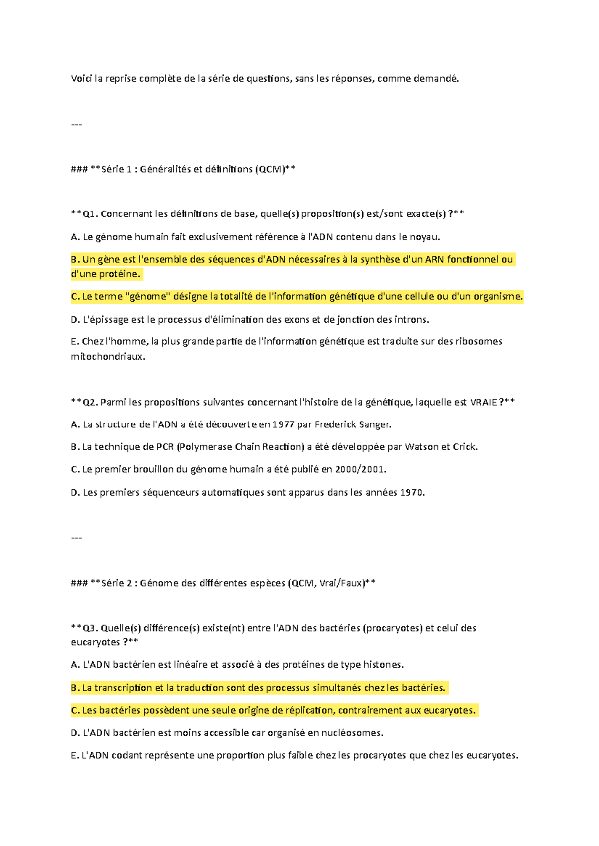 Série de questions - TP sur la biochimie et l'organisation du génome ...