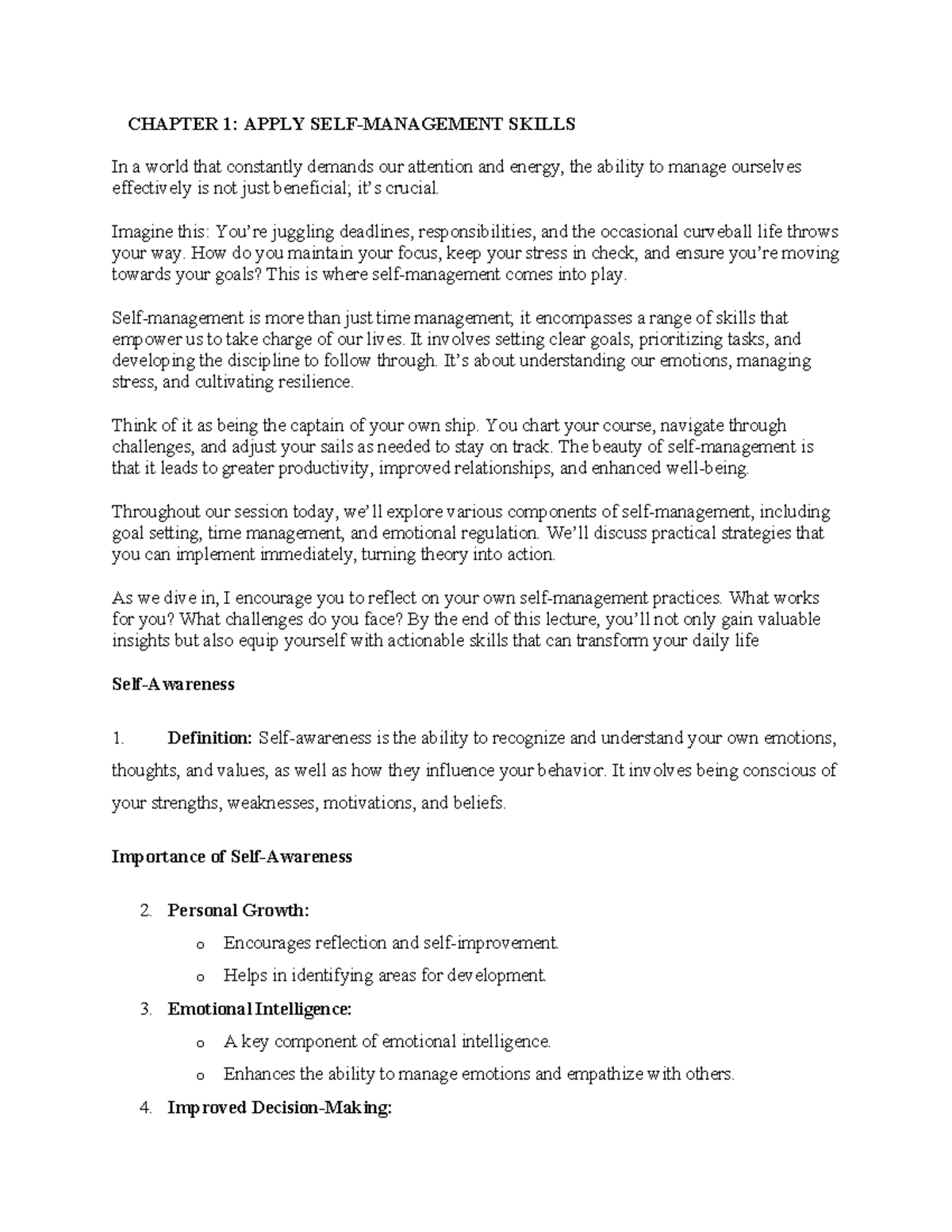 SELF MANAGEMENT NOTES 1: CHAPTER 1 - APPLYING SKILLS FOR SUCCESS - Studocu