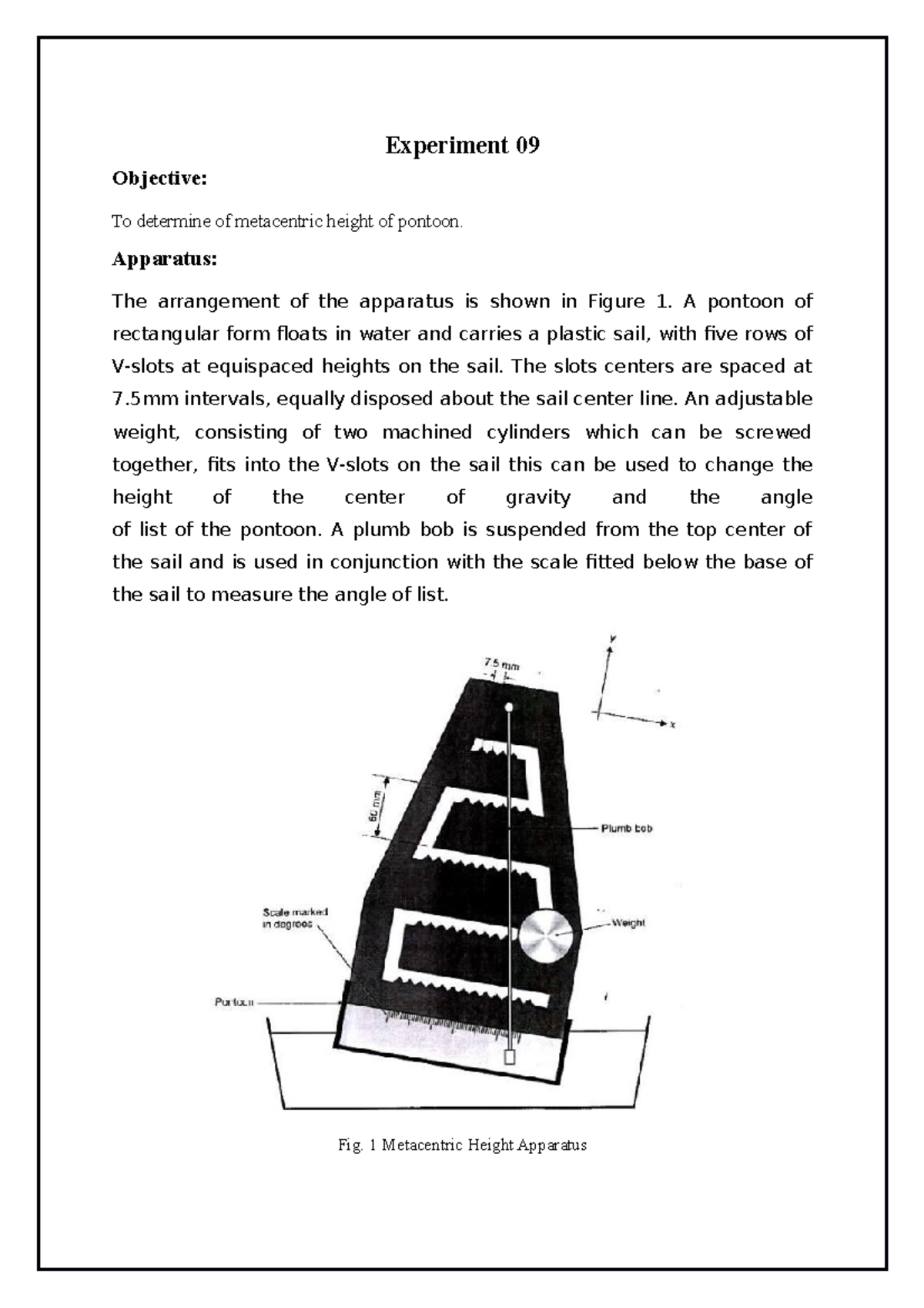Lab session 09 - To determine the metacentric height of pontoon - Experiment 09 Objective: To ...