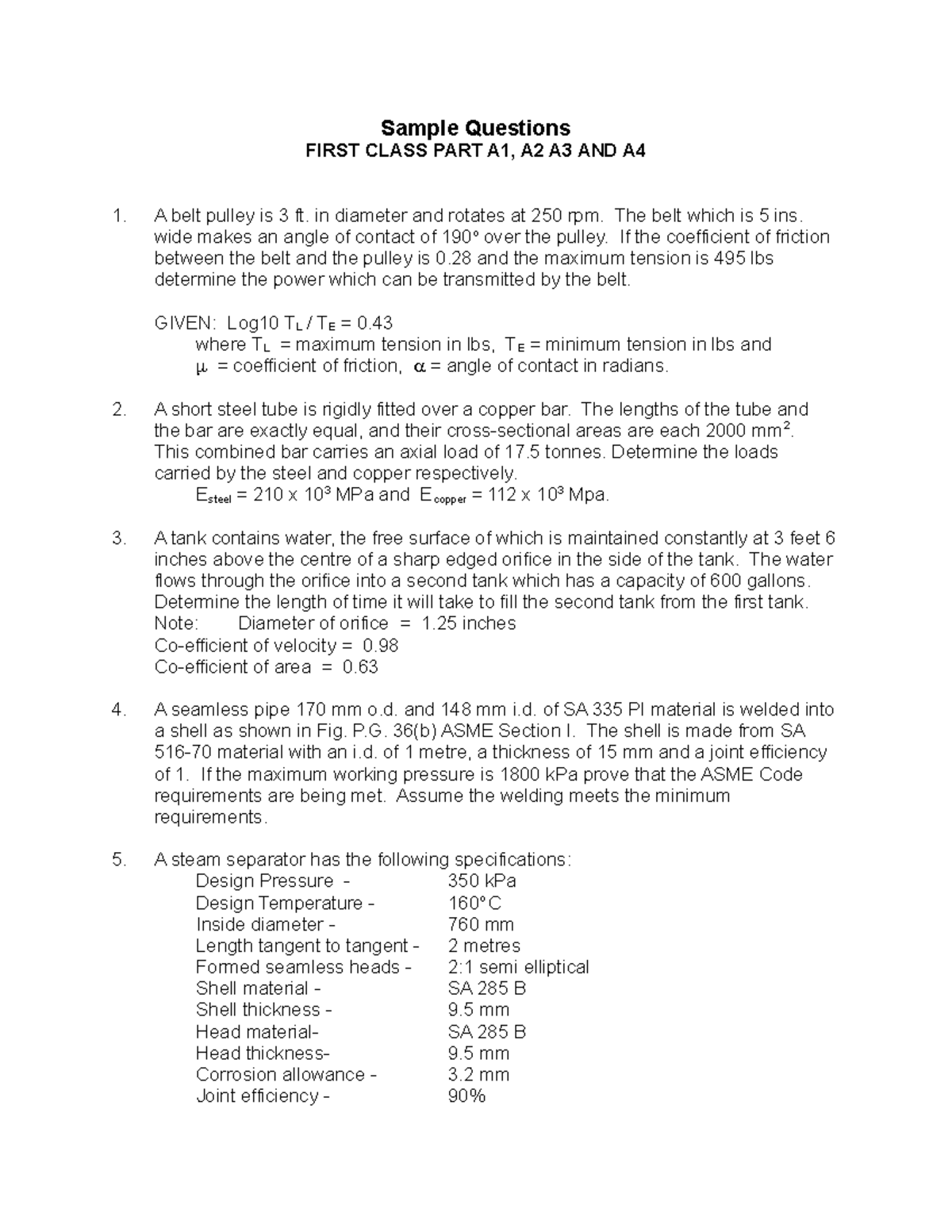 First Class Exam Examples - Sample Questions FIRST CLASS PART A1, A2 A3 ...