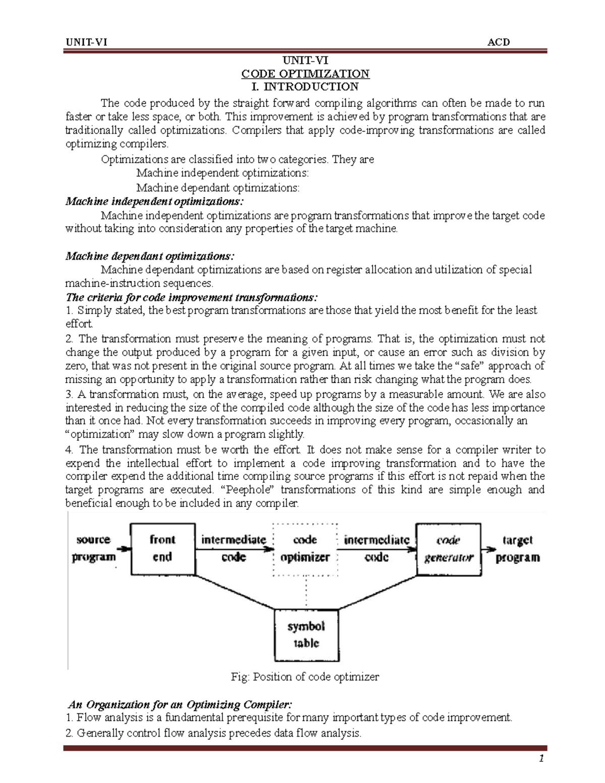 ACD unit-6-1 - Acd - UNIT-VI CODE OPTIMIZATION I. INTRODUCTION The code ...