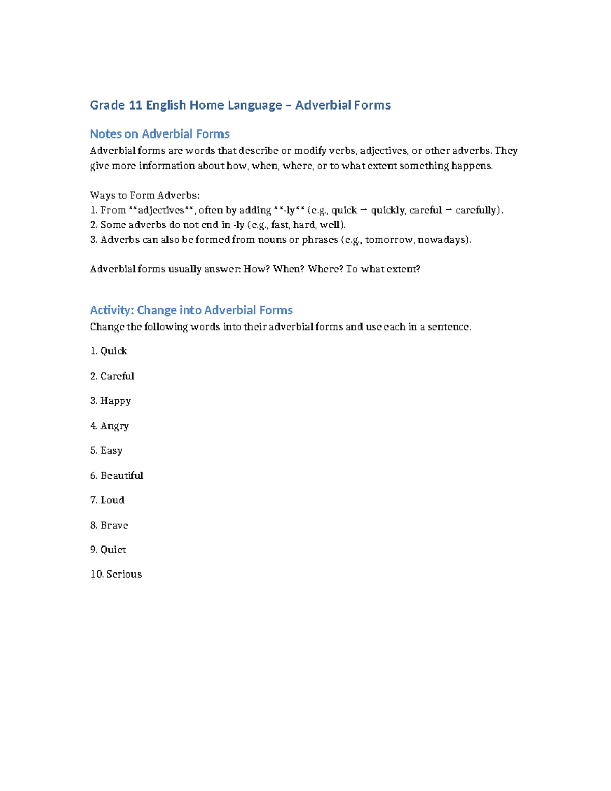 Grade 11 English Home Language Adverbial Forms Worksheet - Studocu