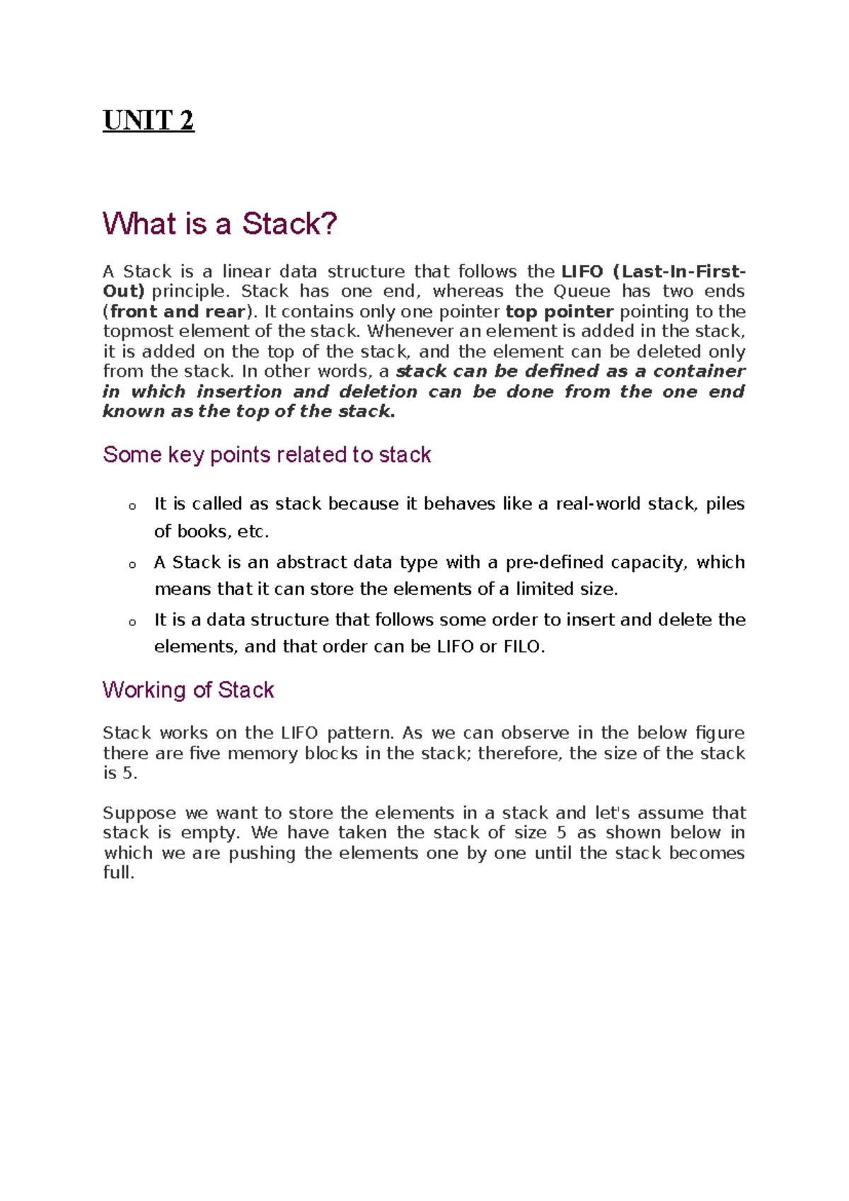 UNIT 2: Understanding Stacks - LIFO Data Structure Principles - Studocu