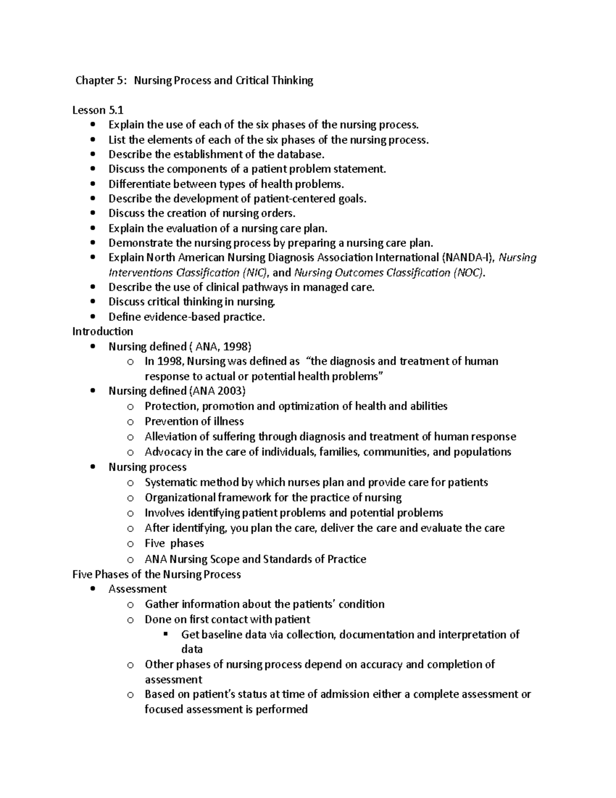 Ch 5 - Nursing Process & Critical Thinking: Key Concepts & Phases - Studocu
