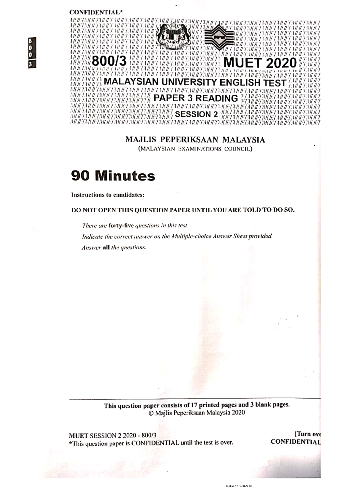 MUET 8003 Reading Paper 3 - STPM Session 2 2020 - Studocu