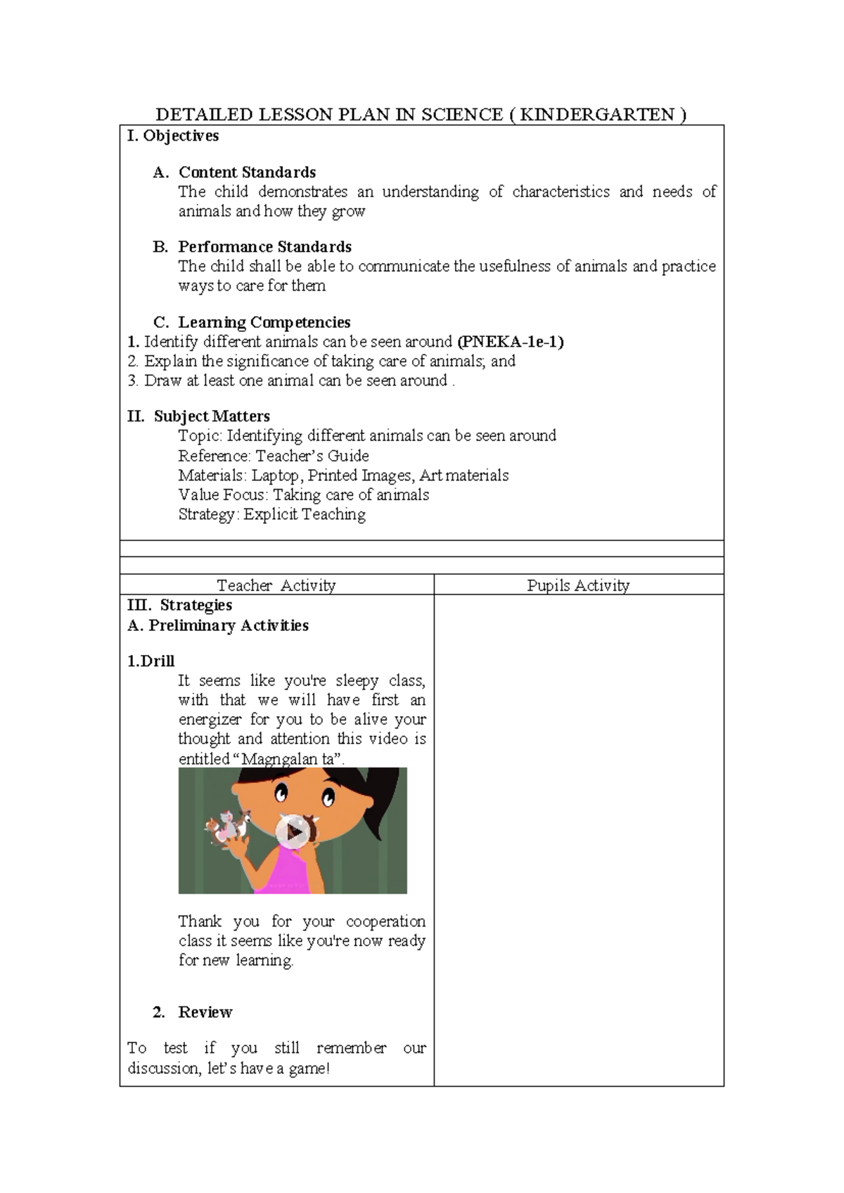 Detailed Lesson Plan in Science: Understanding Animals (KINDERGARTEN) - Studocu