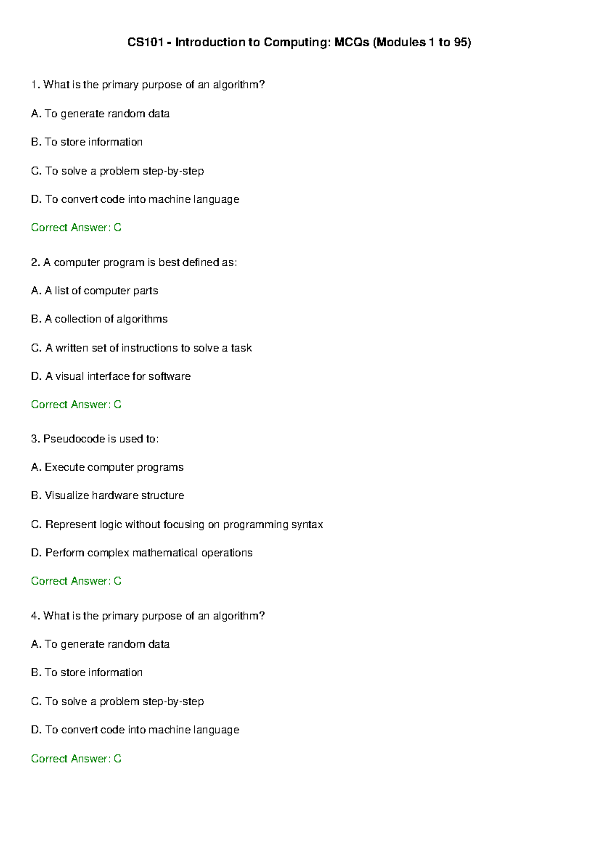 CS101 Introduction to Computing: Correct MCQs (Modules 1-95) - Studocu