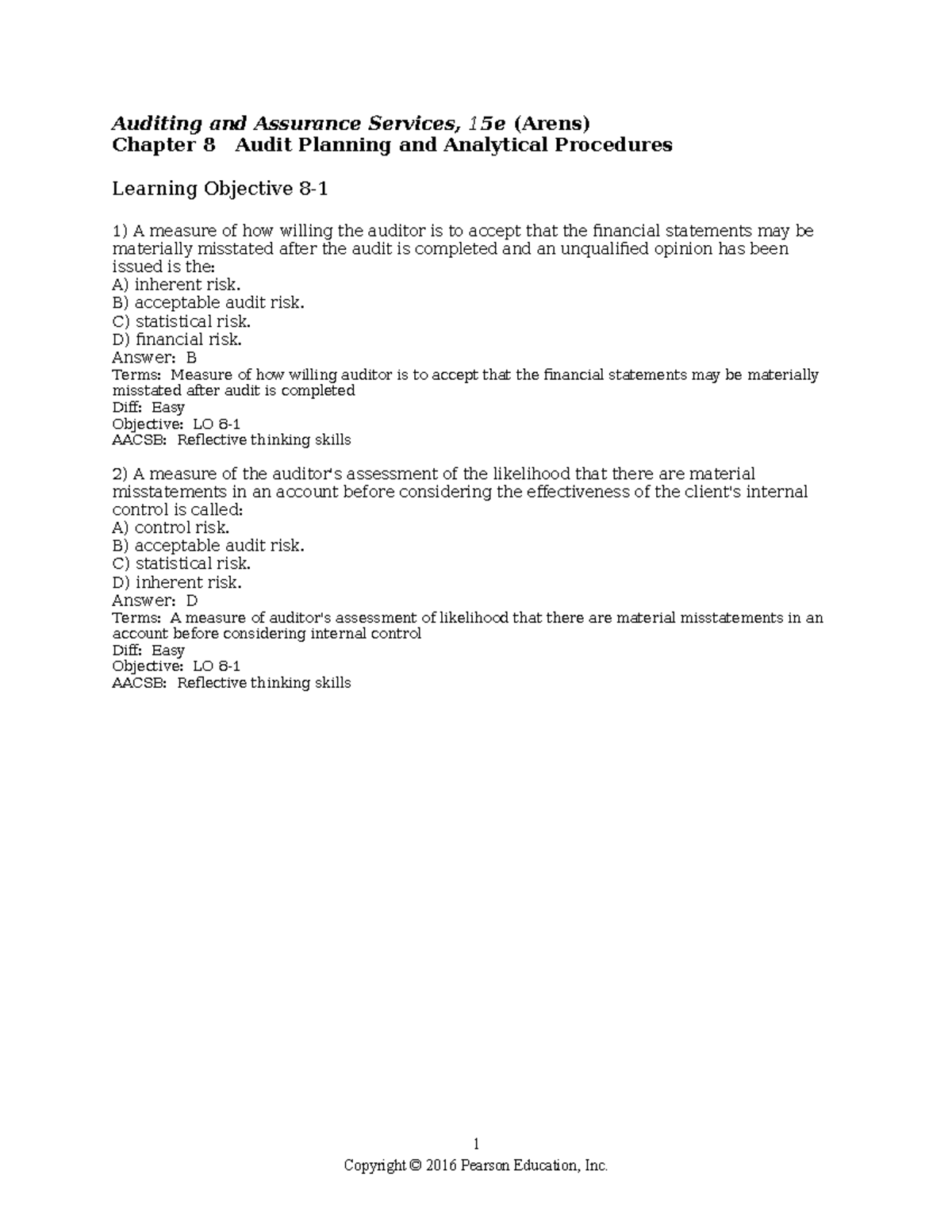 Chapter 8 - Audit Planning and Analytical Procedures Test Bank - Studocu