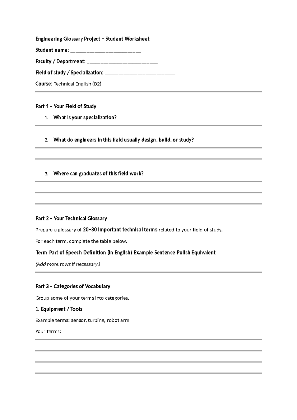 Technical English (B2) Engineering Glossary Project Worksheet - Studocu
