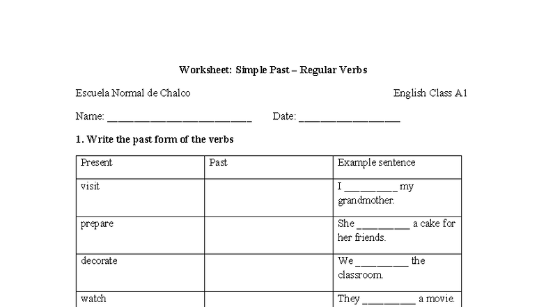 Worksheet: Simple Past Regular Verbs A1 - Escuela Normal de Chalco ...