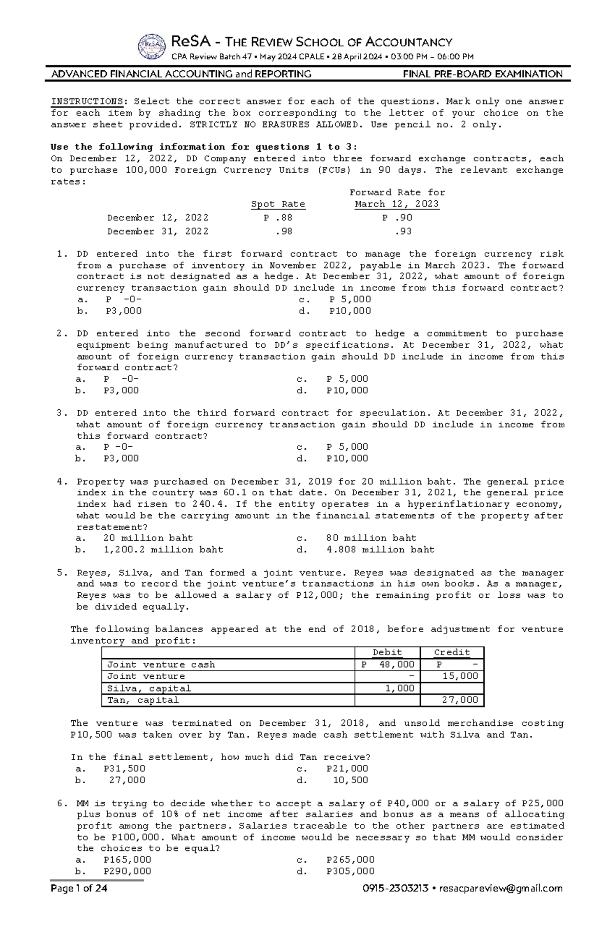 RESA B47 AFAR Final Pre-Board Exam Questions, Answers, and Solutions - Studocu