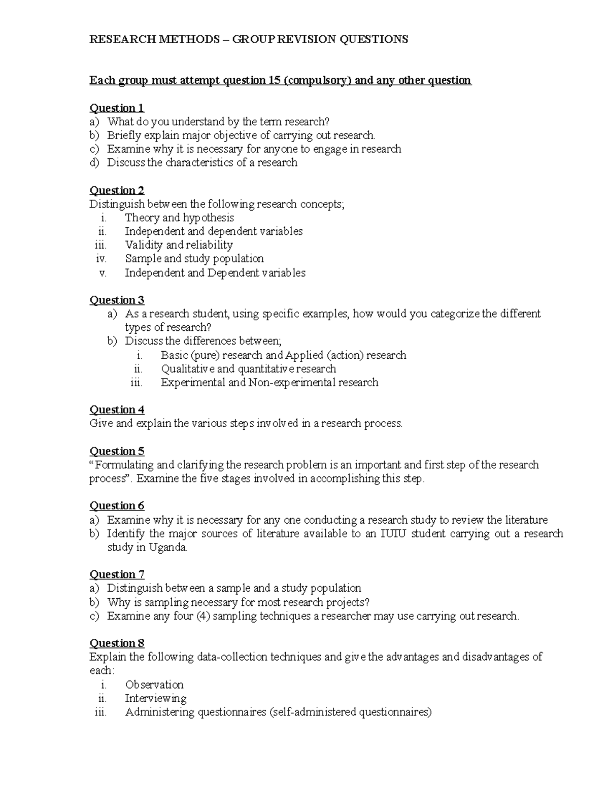 Research Revision Questions - RESEARCH METHODS – GROUP REVISION ...