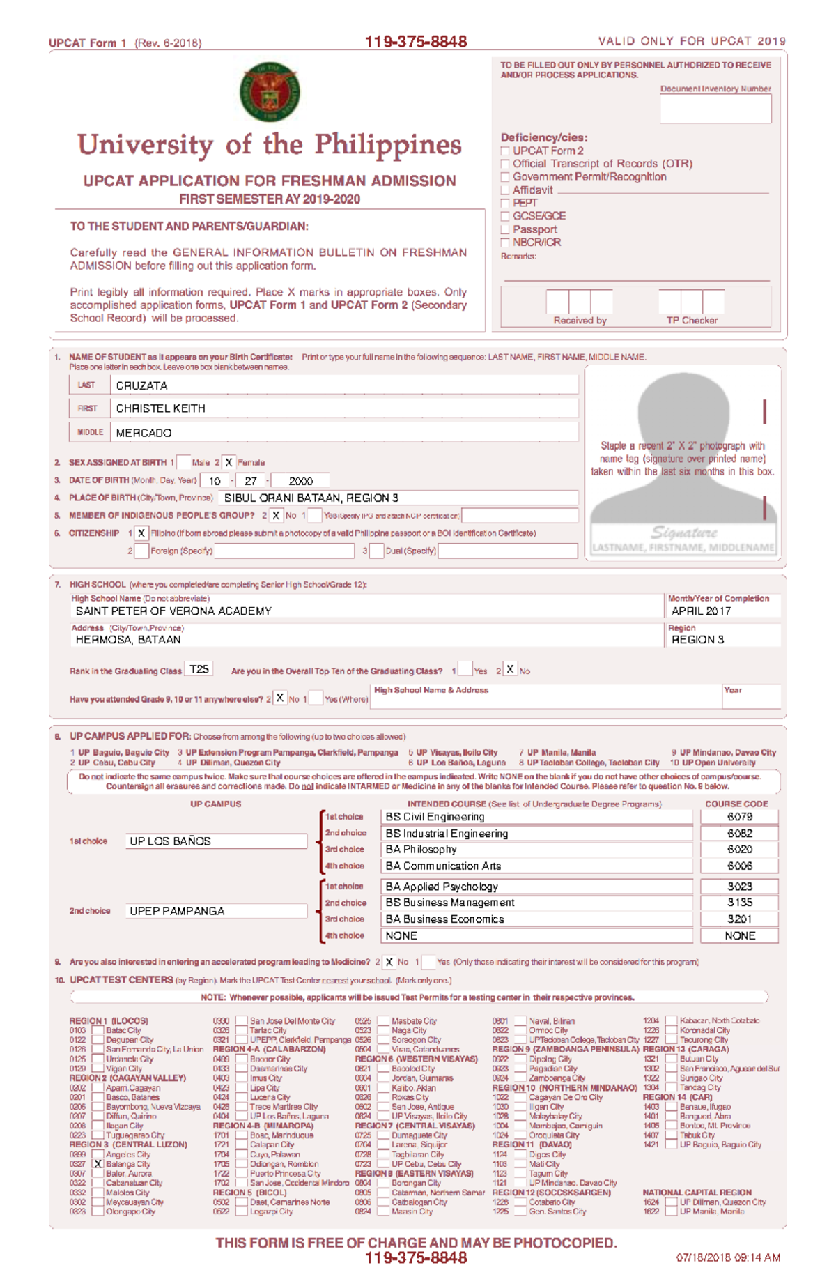 Upcat 2019 1193758848 - Form - 119-375- 119-375-8848 07/18/2018 09:14 ...