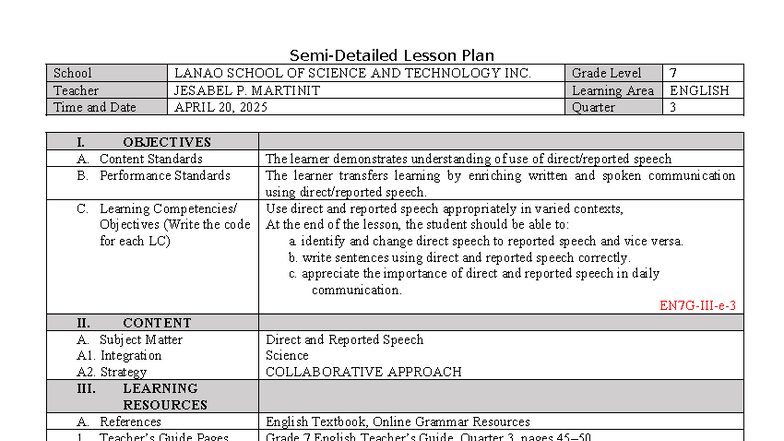 Grade 7 English Lesson Plan: Direct & Reported Speech (Quarter 3) - Studocu