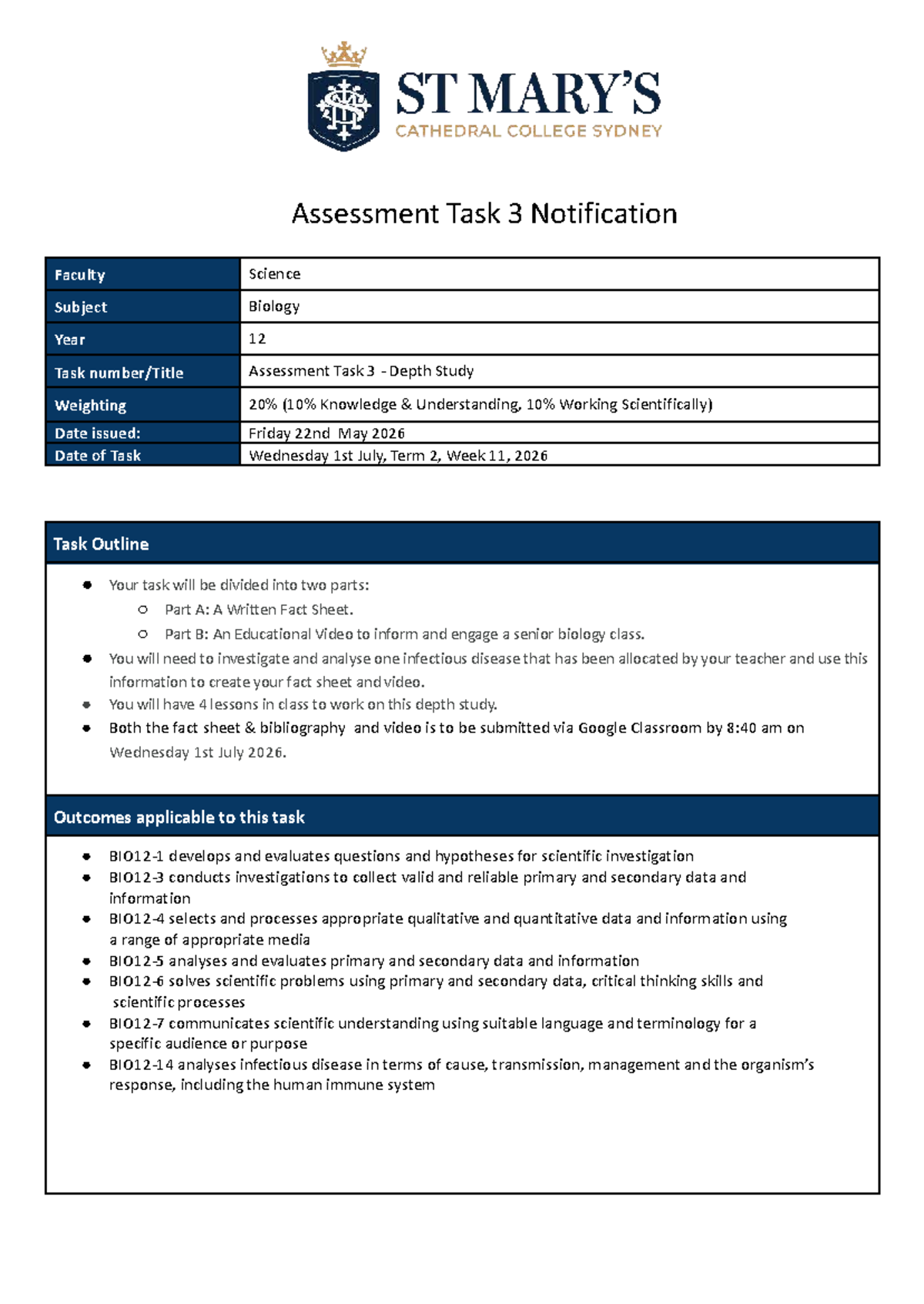 Biology Year 12 Assessment Task 3: Infectious Disease Study 2026 - Studocu